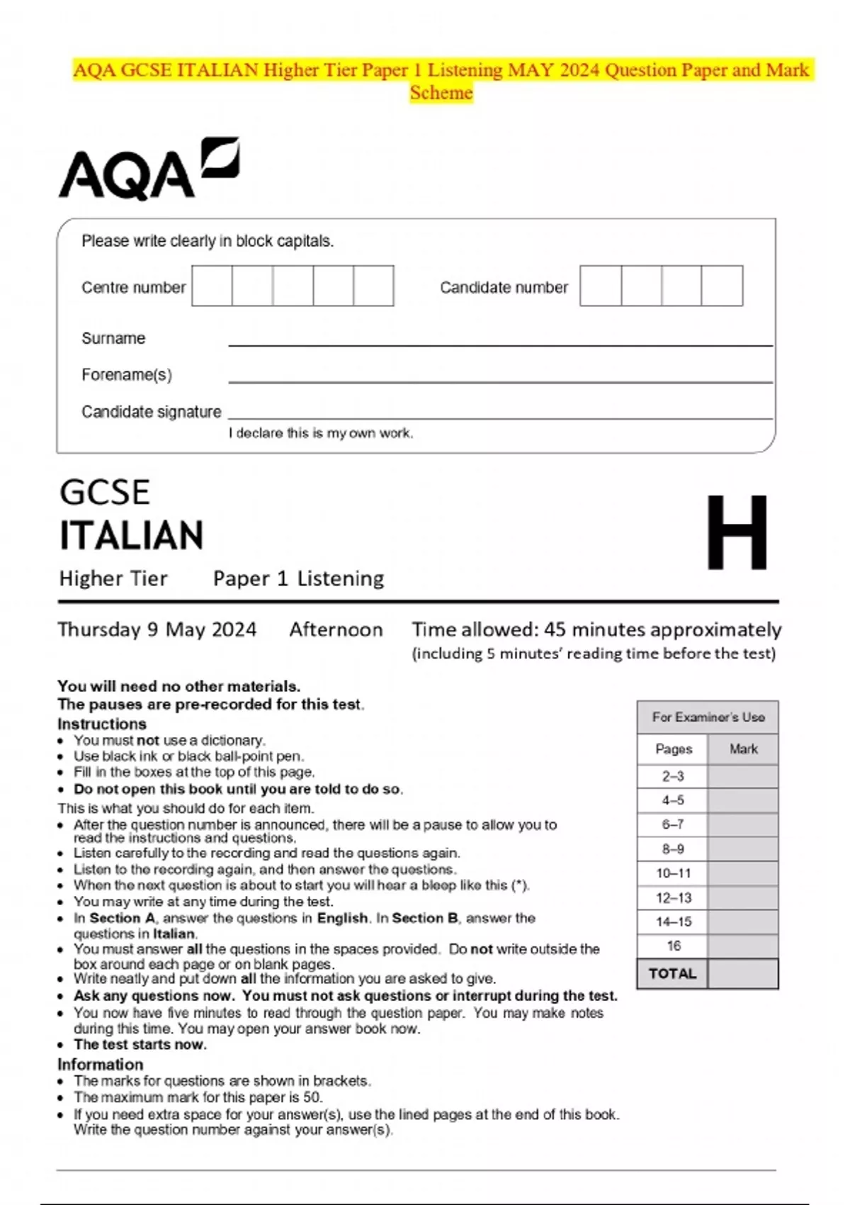 AQA GCSE ITALIAN Higher Tier Paper 1 Listening MAY 2024 Question Paper ...