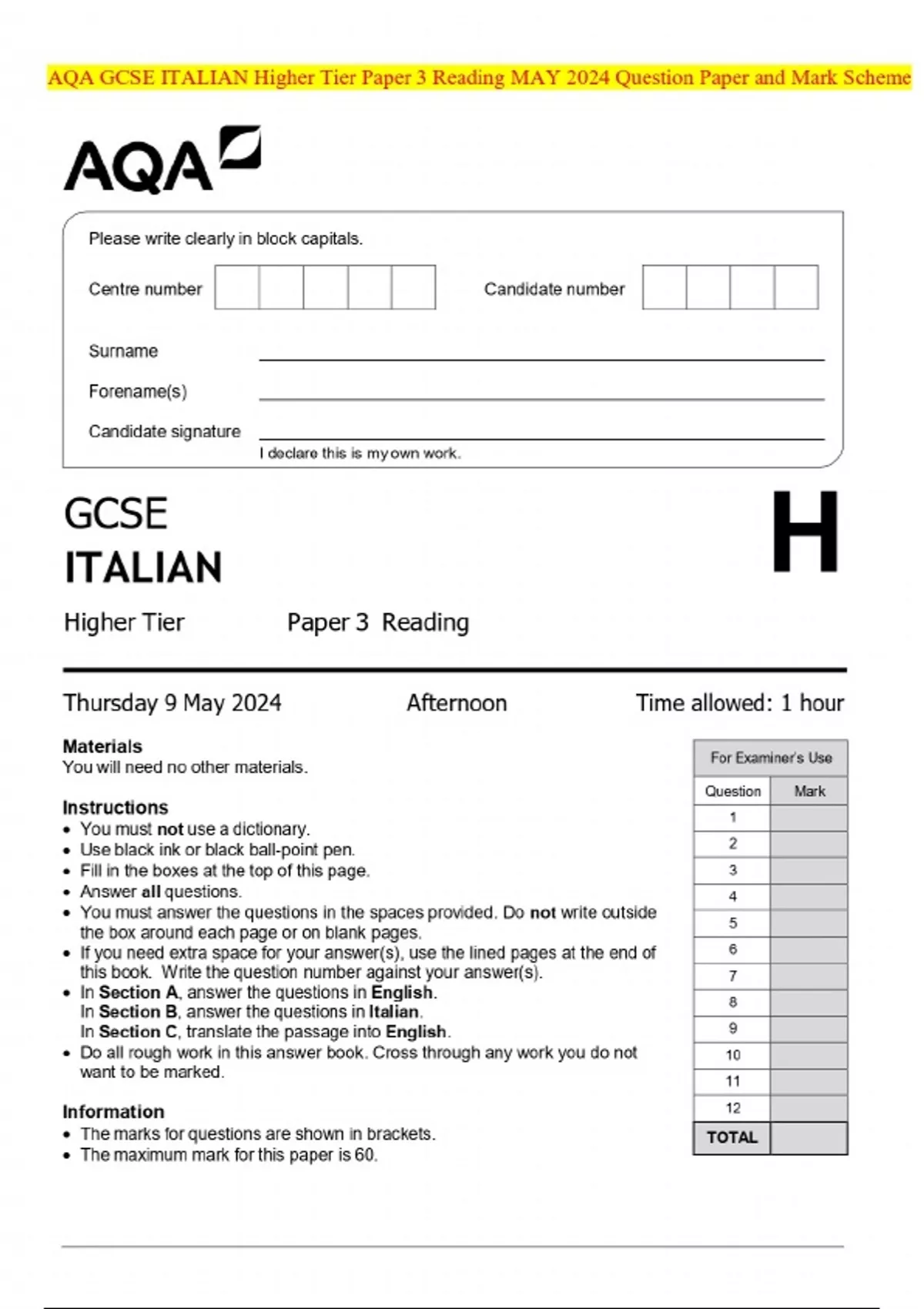 AQA GCSE ITALIAN Higher Tier Paper 3 Reading MAY 2024 Question Paper ...
