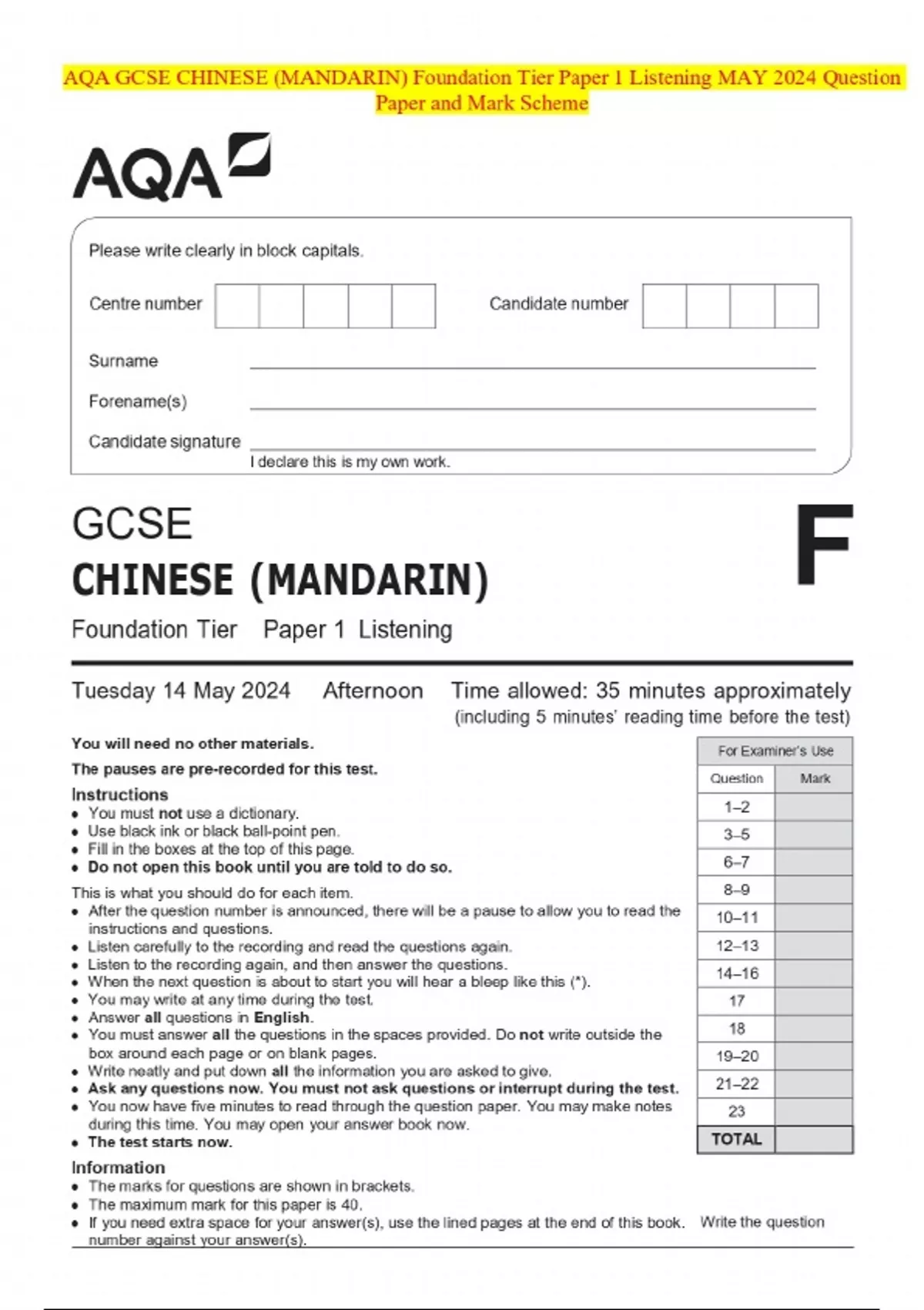 BUNDLED AQA GCSE CHINESE (MANDARIN) Foundation Tier Paper 1 2 3 & 4 MAY ...