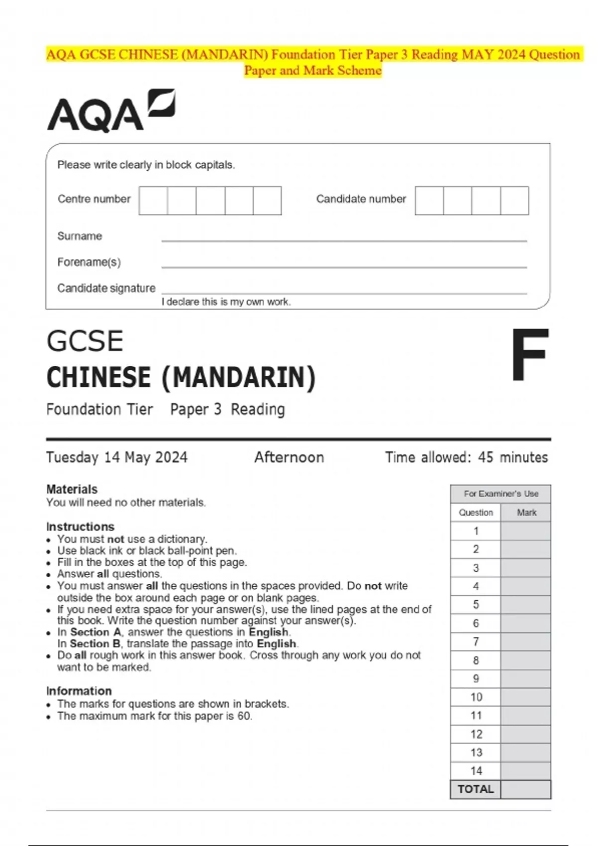 AQA GCSE CHINESE (MANDARIN) Foundation Tier Paper 3 Reading MAY 2024 ...
