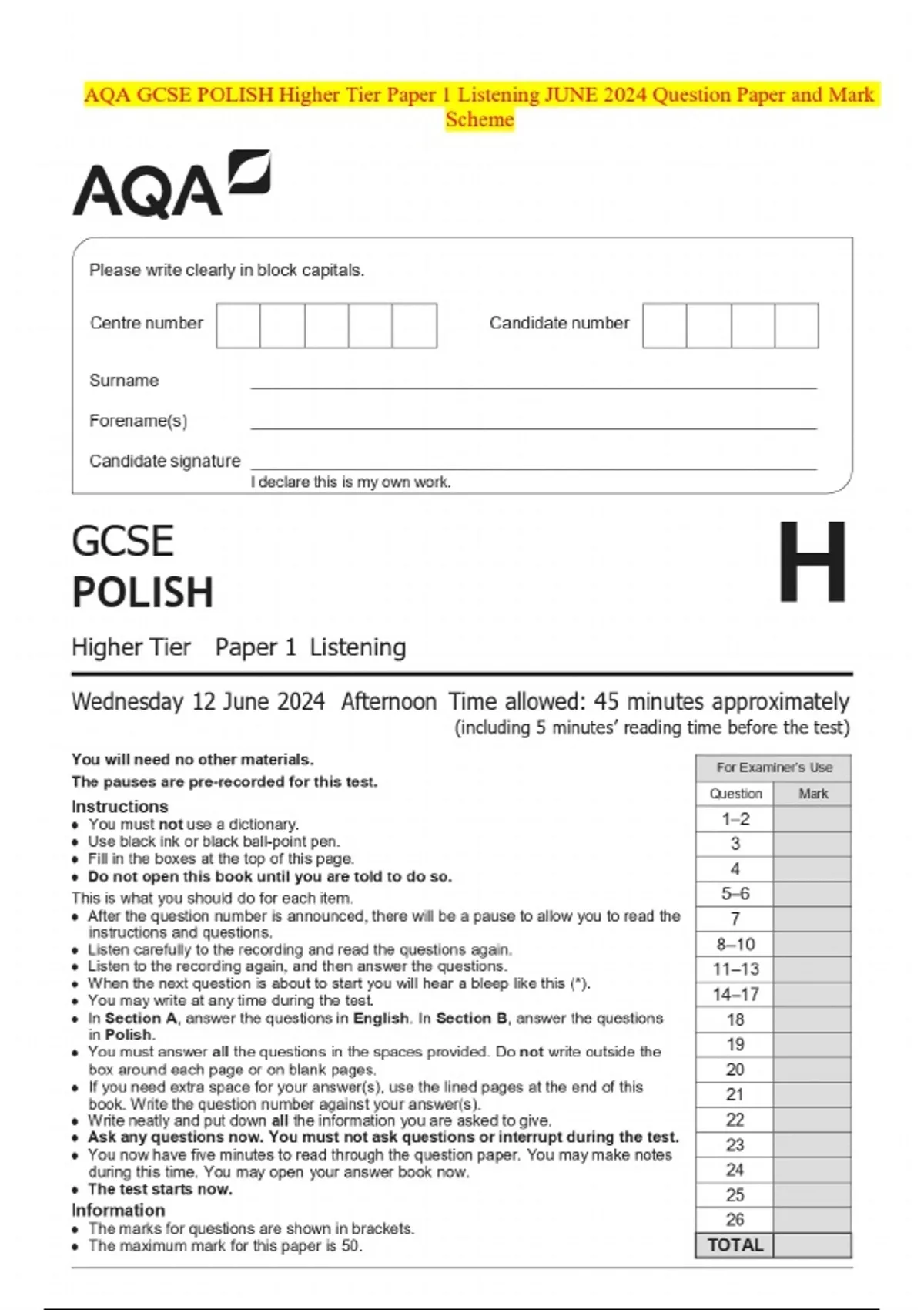 AQA GCSE POLISH Higher Tier Paper 1 Listening JUNE 2024 Question Paper ...