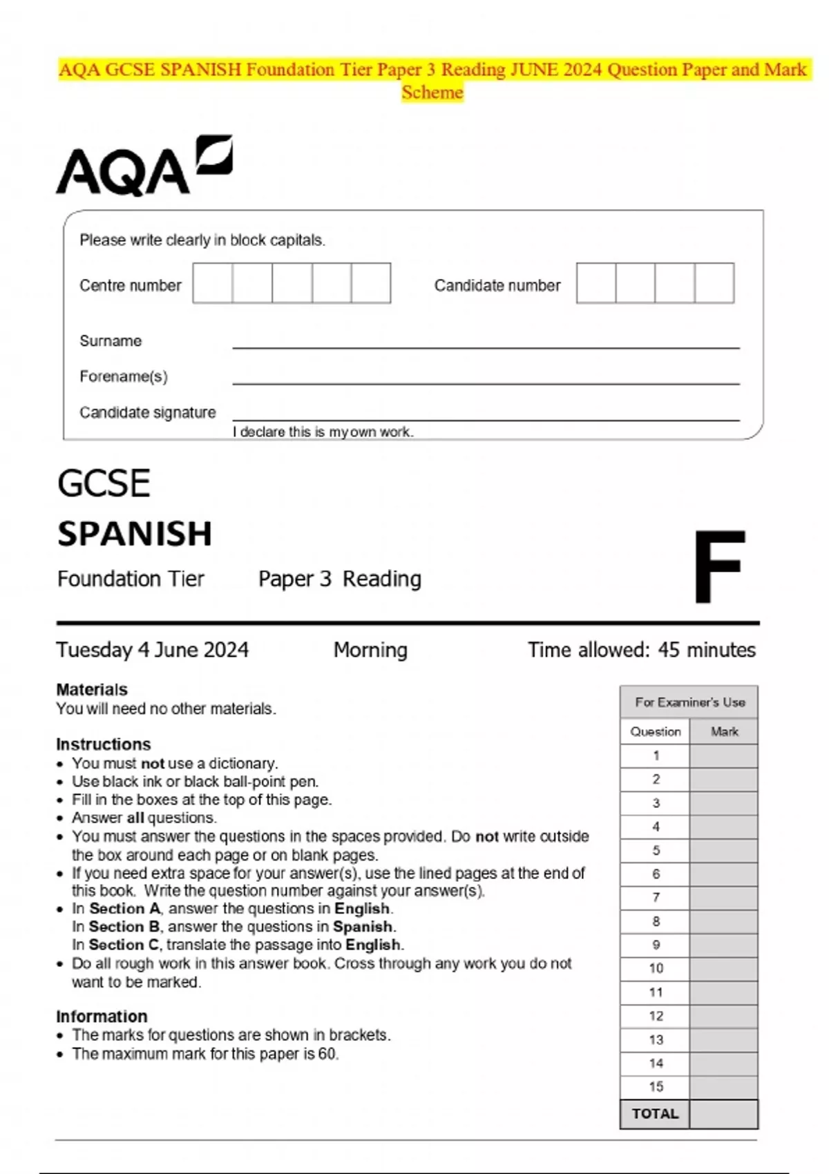 AQA GCSE SPANISH Foundation Tier Paper 3 Reading JUNE 2024 Question ...