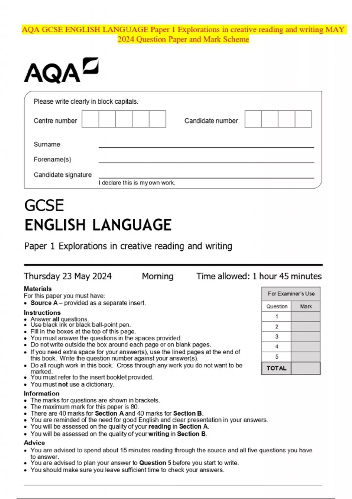 BUNDLED AQA GCSE ENGLISH LANGUAGE Paper 1 & 2 MAY 2024 Question Paper ...