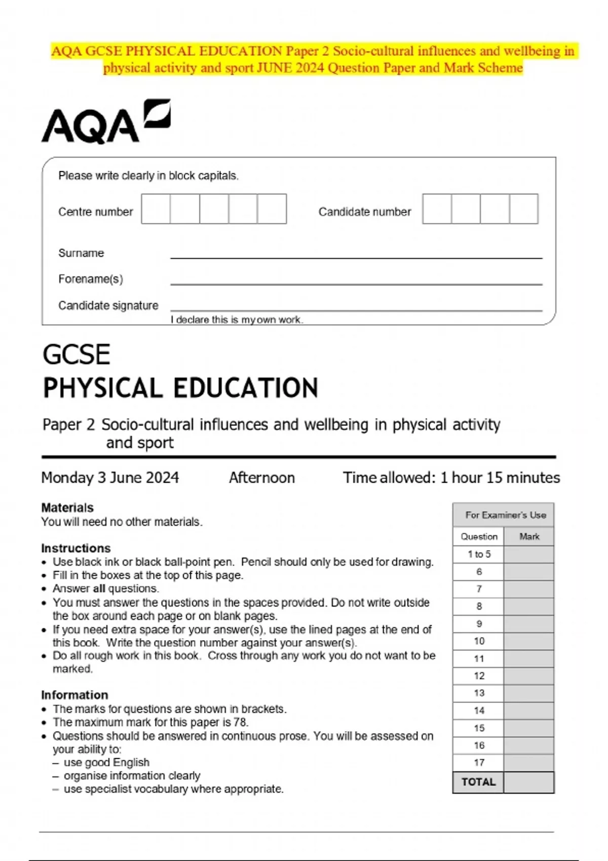 AQA GCSE PHYSICAL EDUCATION Paper 2 Socio-cultural influences and ...