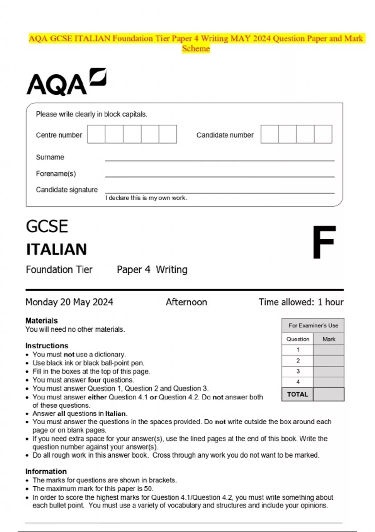 AQA GCSE ITALIAN Foundation Tier Paper 4 Writing MAY 2024 Question ...