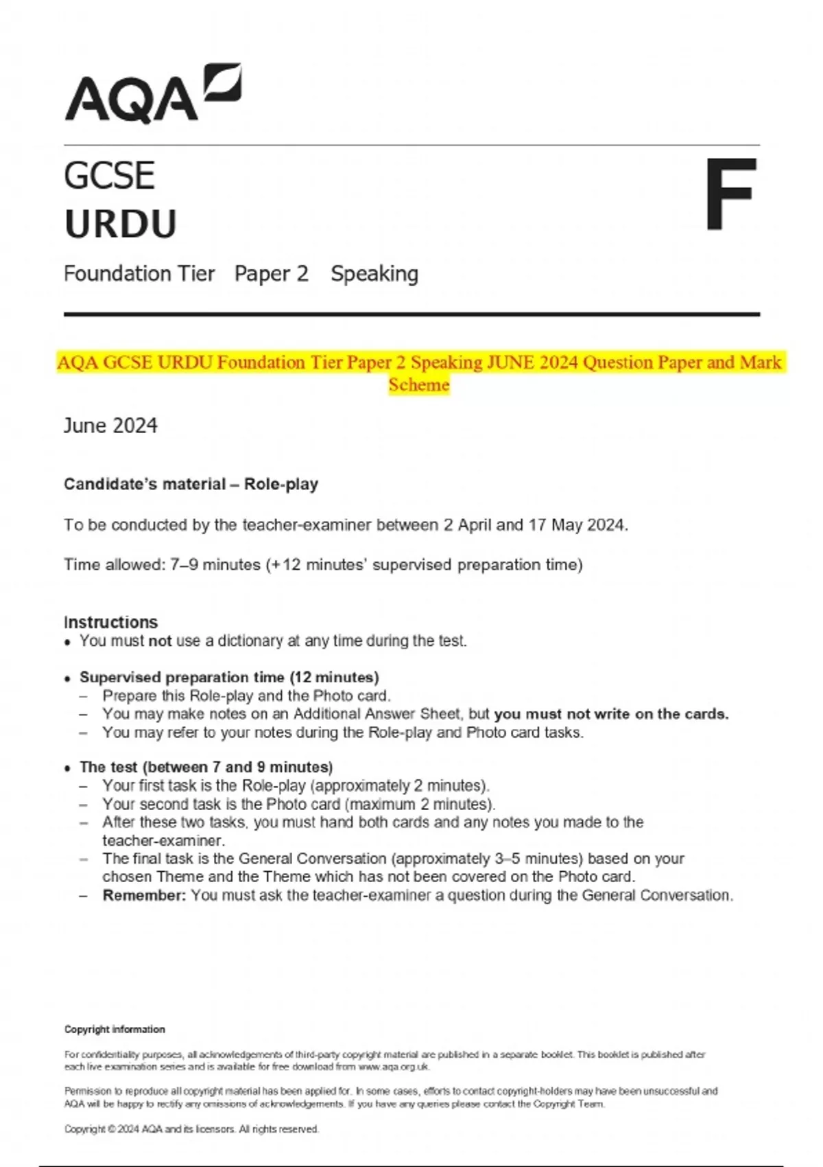 AQA GCSE URDU Foundation Tier Paper 2 Speaking JUNE 2024 Question Paper ...