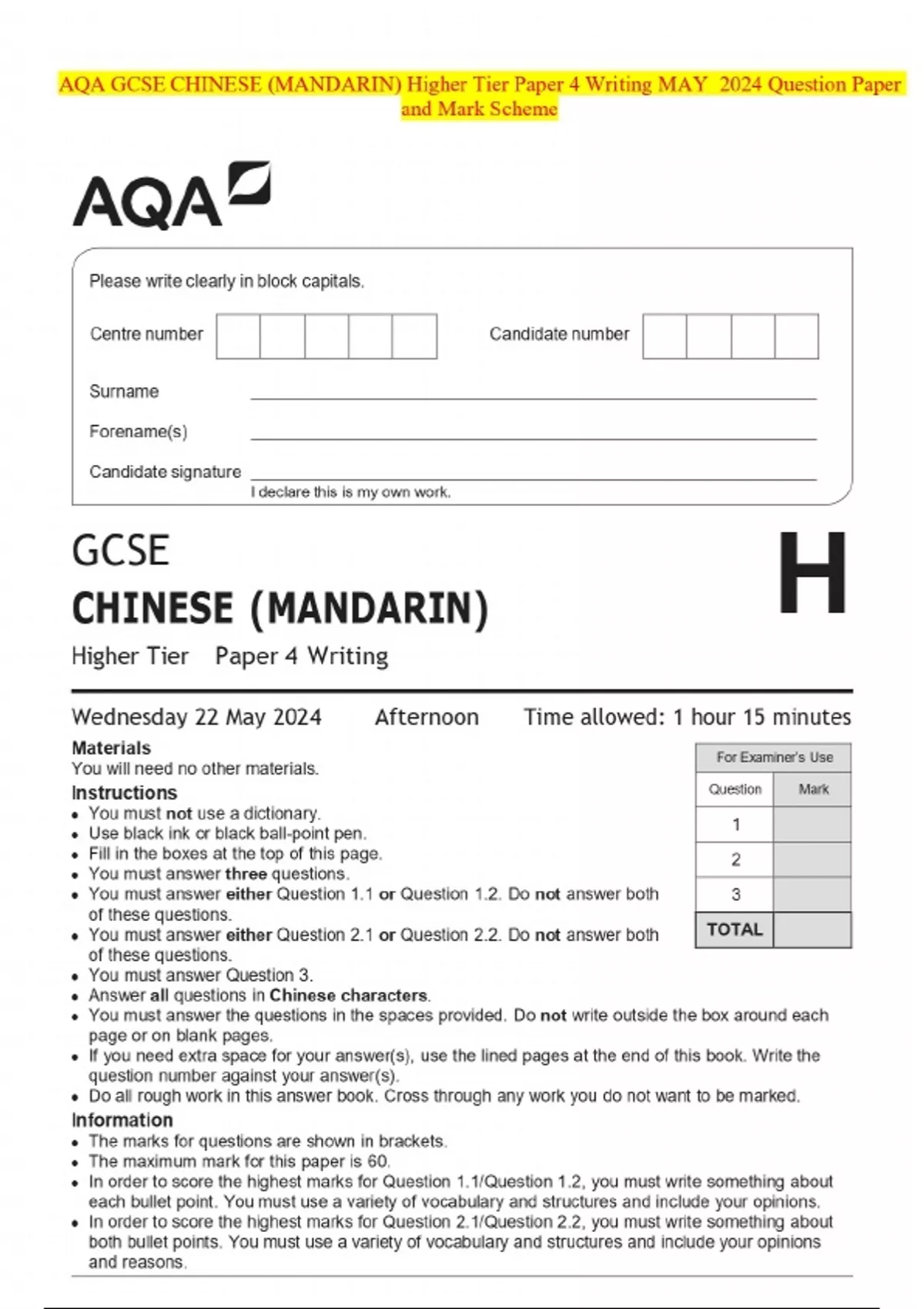 AQA GCSE CHINESE (MANDARIN) Higher Tier Paper 4 Writing MAY 2024 ...