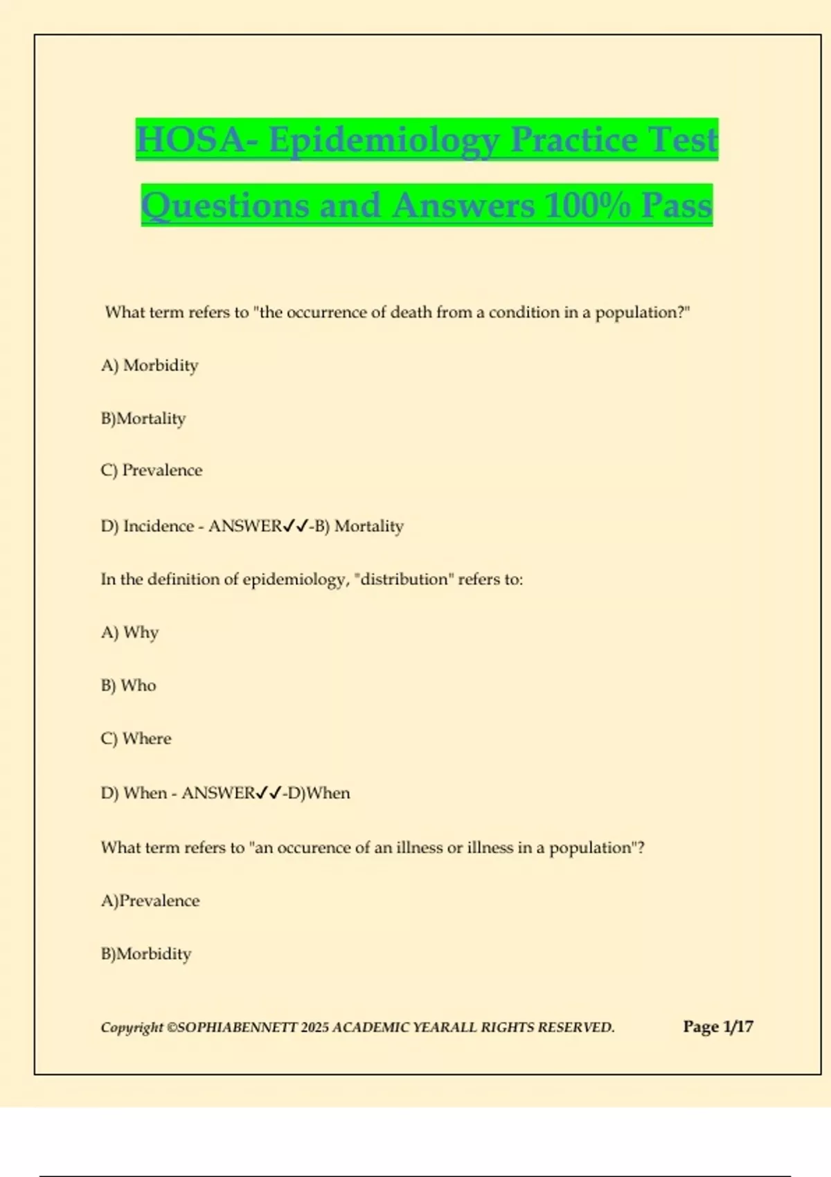 HOSA- Epidemiology Practice Test Questions and Answers 100% Pass - HOSA ...
