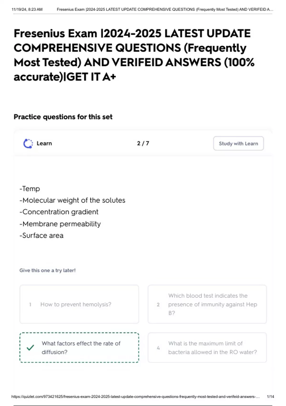 Fresenius Exam | LATEST UPDATE COMPREHENSIVE QUESTIONS (Frequently Most ...
