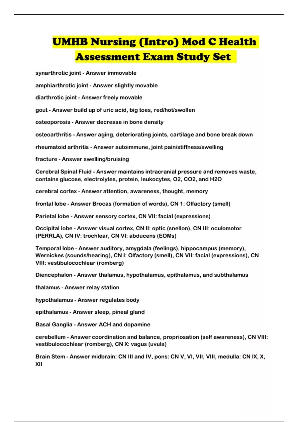 UMHB Nursing (Intro) Mod C Health Assessment Exam Study Set - UMHB ...