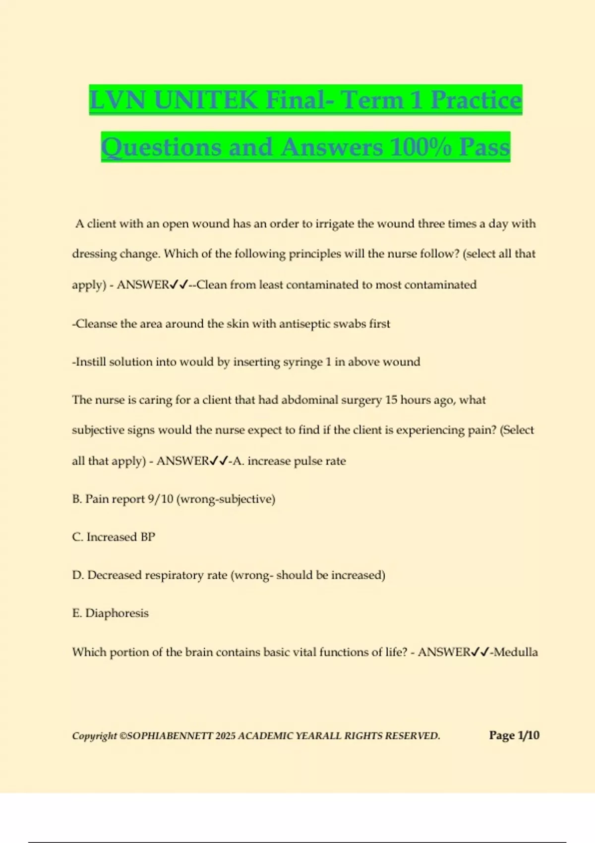 LVN UNITEK Final- Term 1 Practice Questions and Answers 100% Pass ...