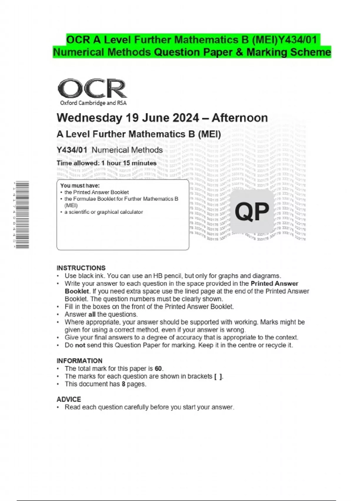 OCR A Level Further Mathematics B (MEI)Y434/01 Numerical Methods ...