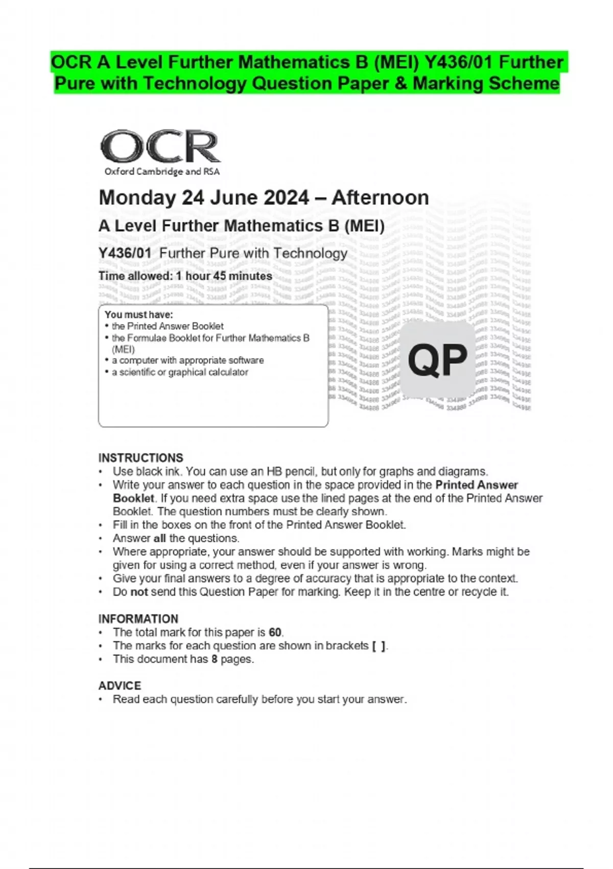 OCR A Level Further Mathematics B (MEI) Y436/01 Further Pure with ...