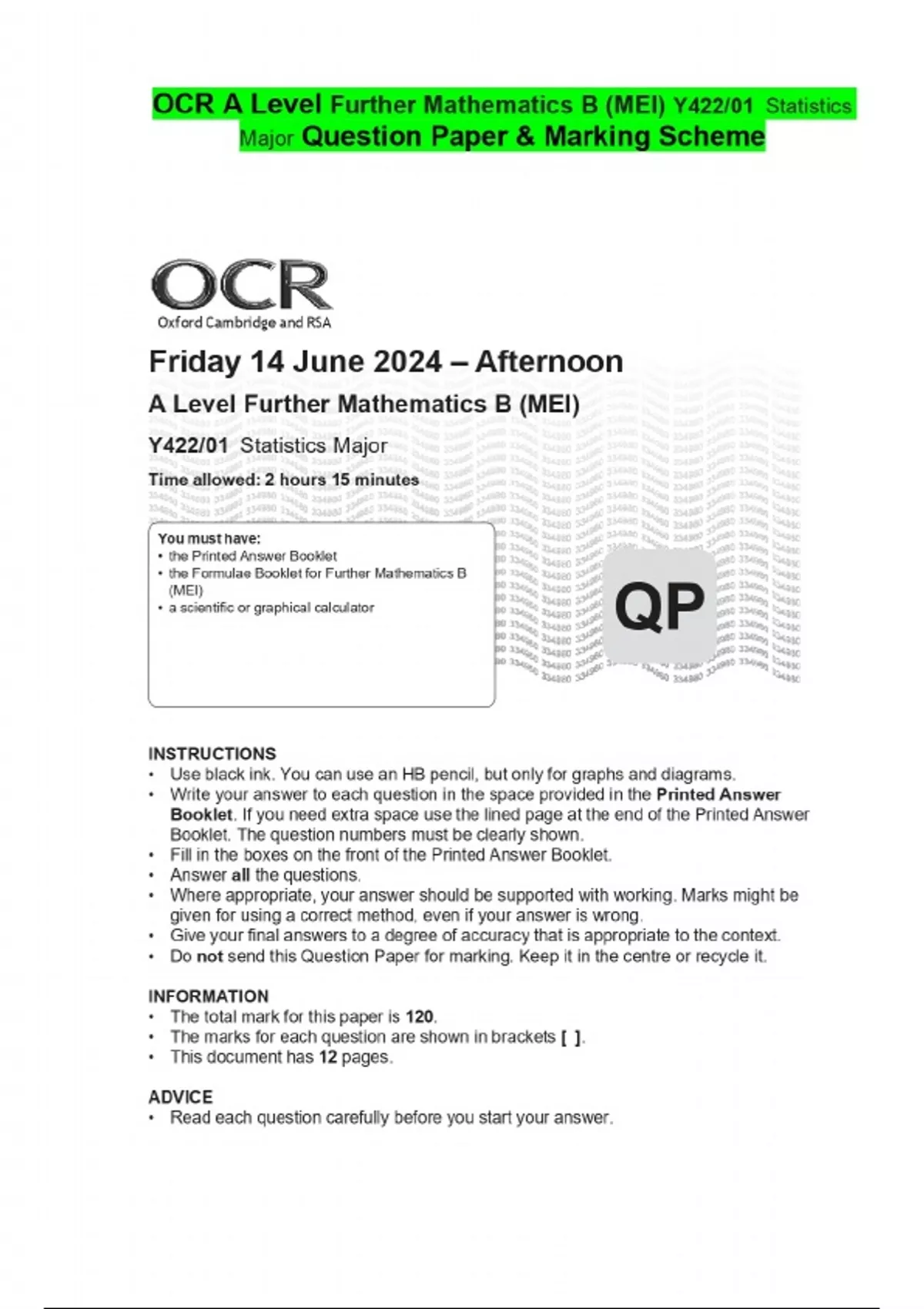 OCR A Level Further Mathematics B (MEI) Y422/01 Statistics Major ...