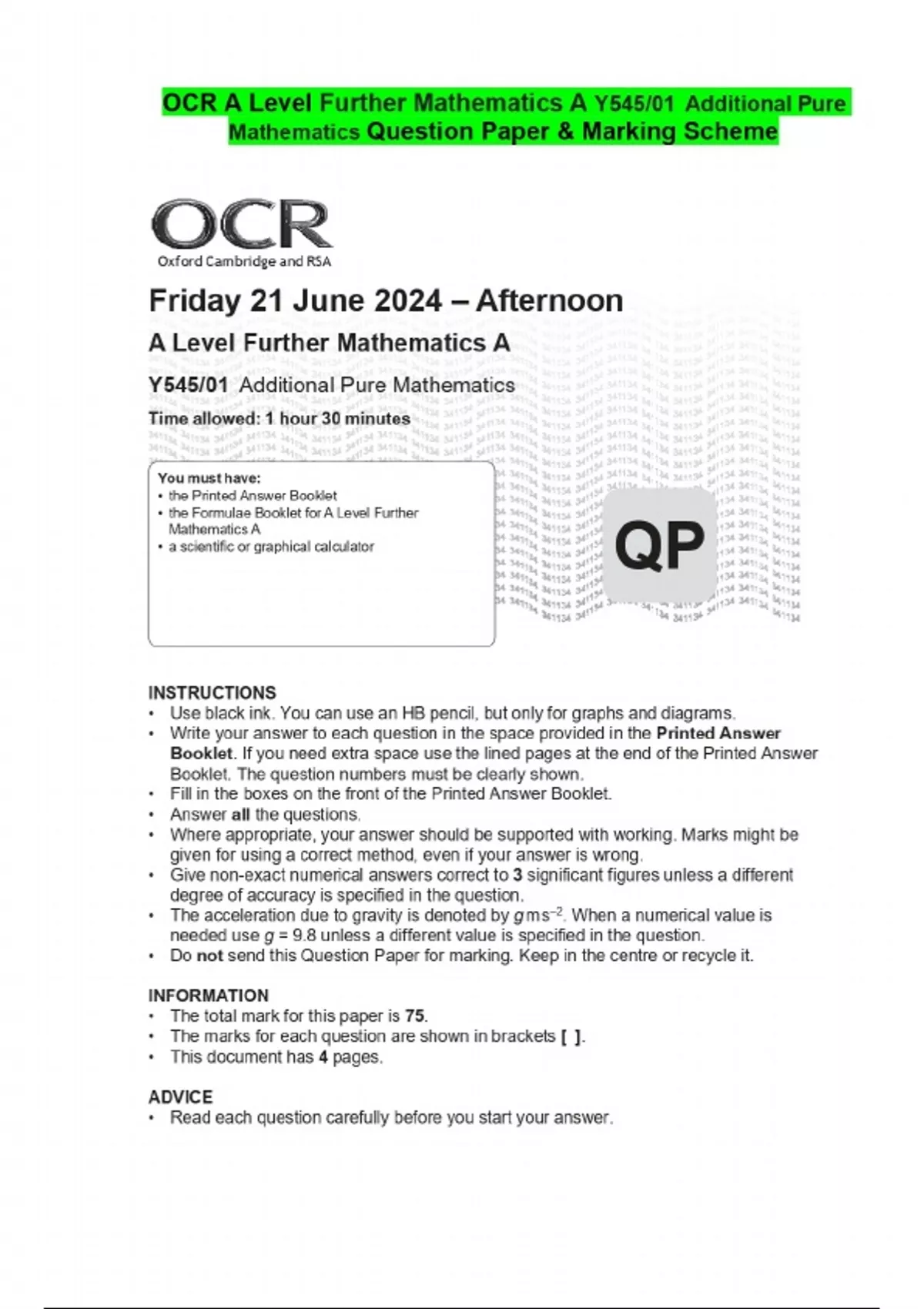 OCR A Level Further Mathematics A Y545/01 Additional Pure Mathematics ...