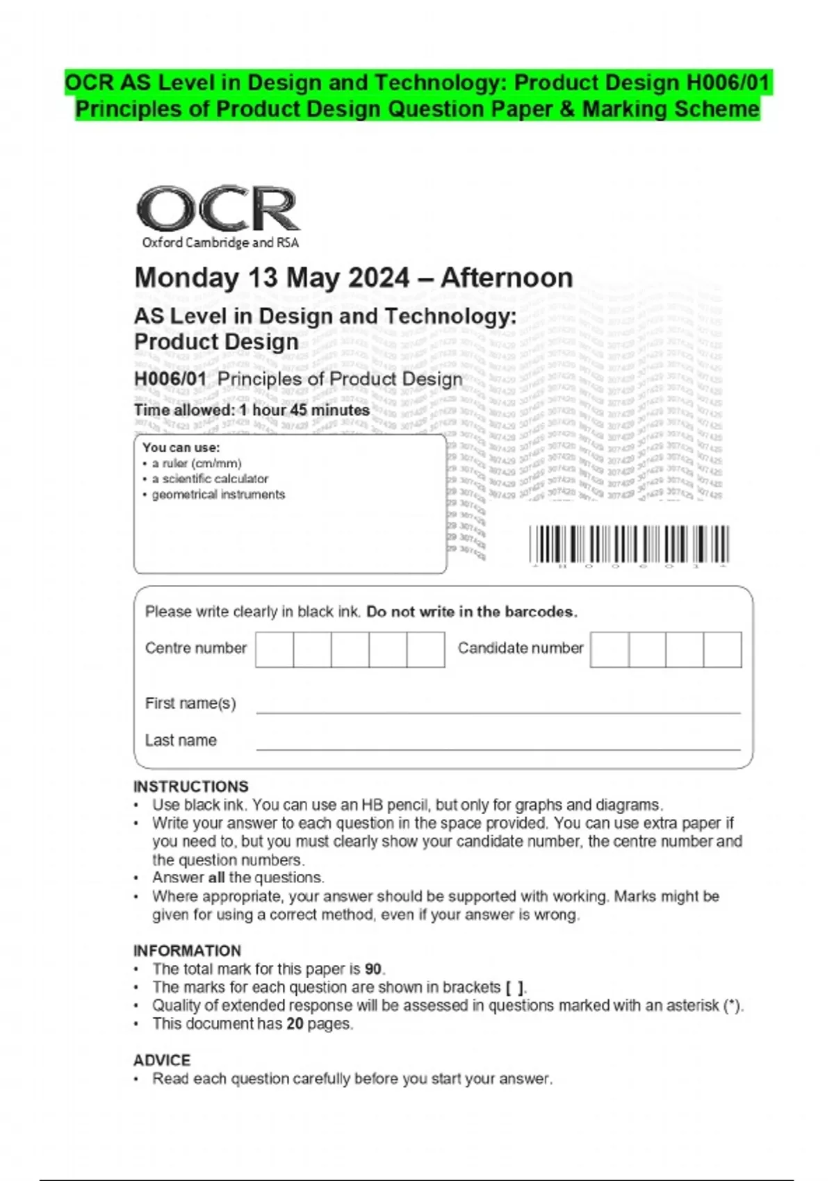 OCR AS Level in Design and Technology: Product Design H006/01 ...