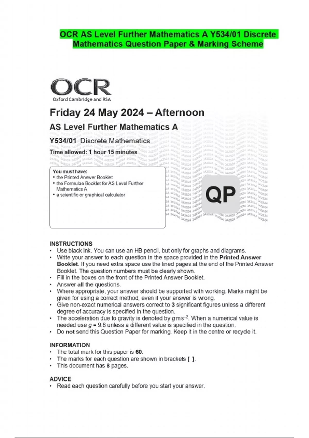 OCR AS Level Further Mathematics A Y534/01 Discrete Mathematics ...
