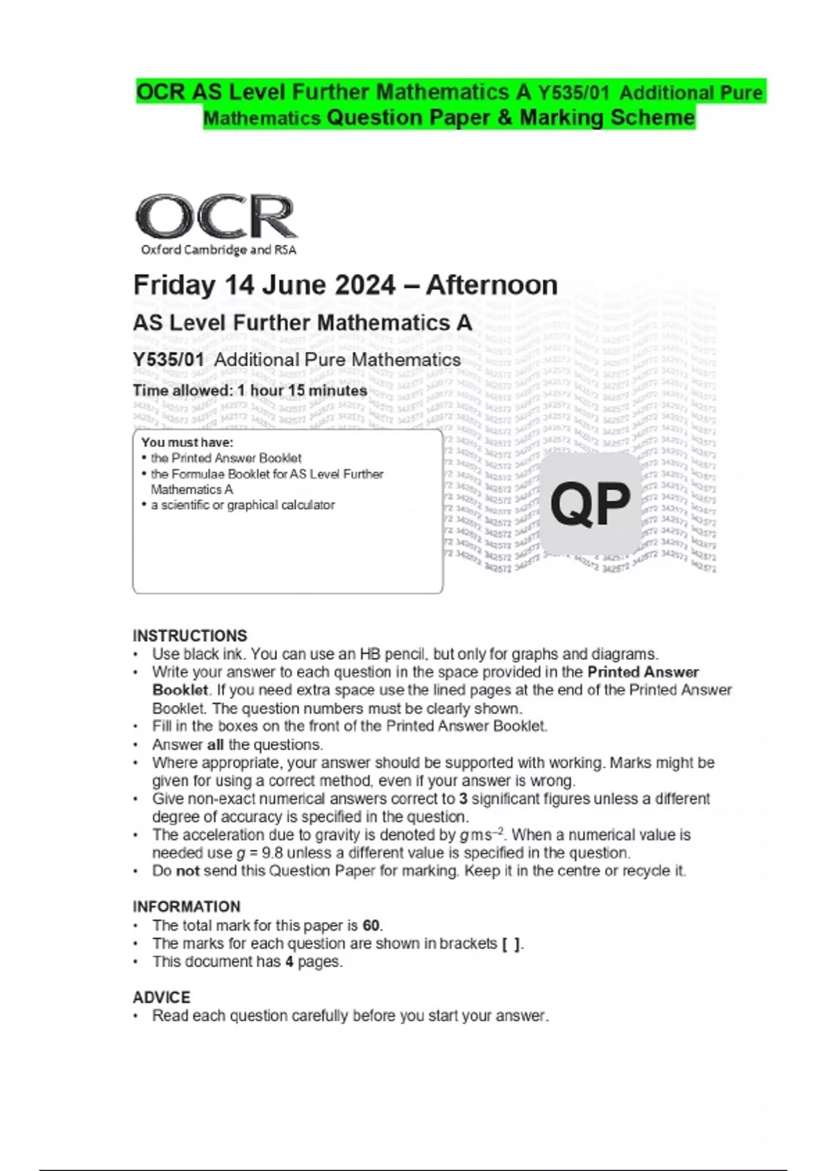 OCR AS Level Further Mathematics A Y535/01 Additional Pure Mathematics ...