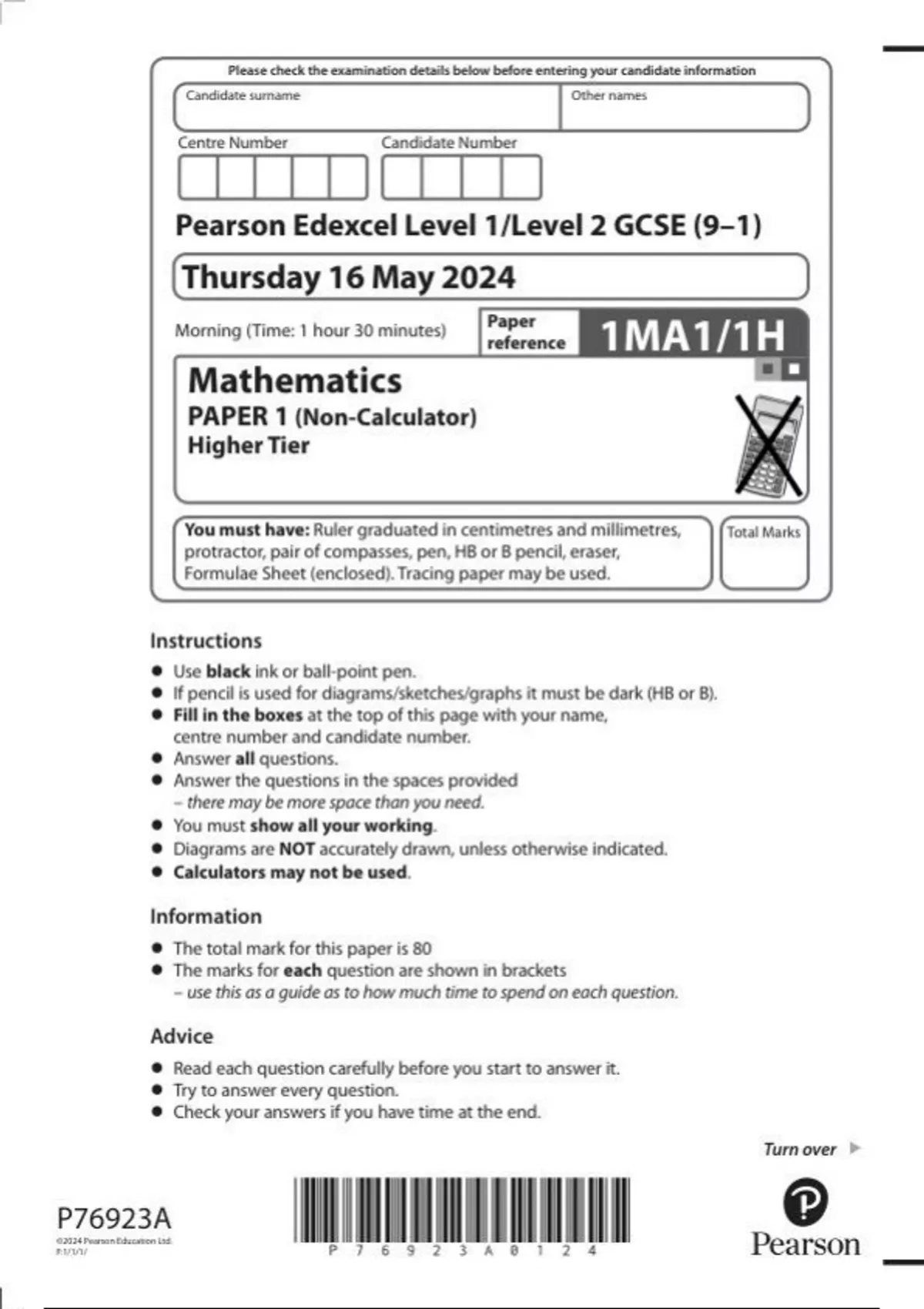 Pearson Edexcel Level 1/Level 2 GCSE (9–1) Mathematics PAPER 1 (Non ...