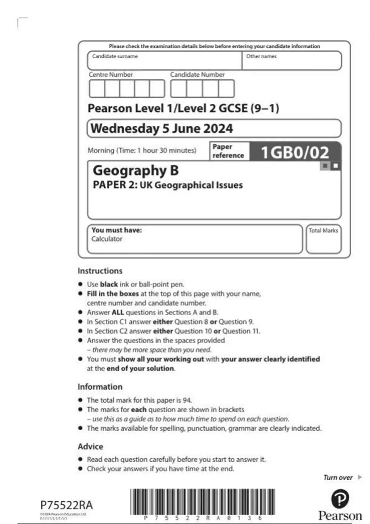 Pearson Level 1/Level 2 GCSE (9−1) Geography B PAPER 2: UK Geographical ...