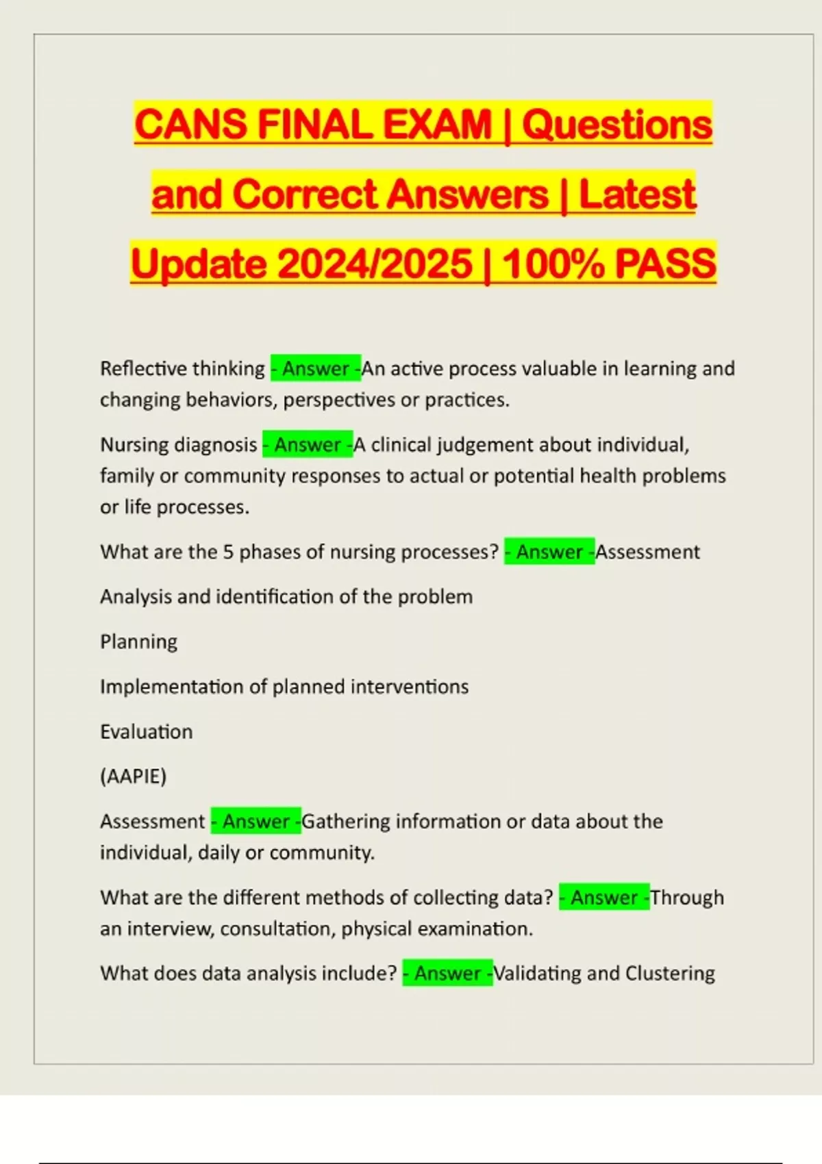 CANS FINAL EXAM | Questions and Correct Answers | Latest Update 2024/ ...