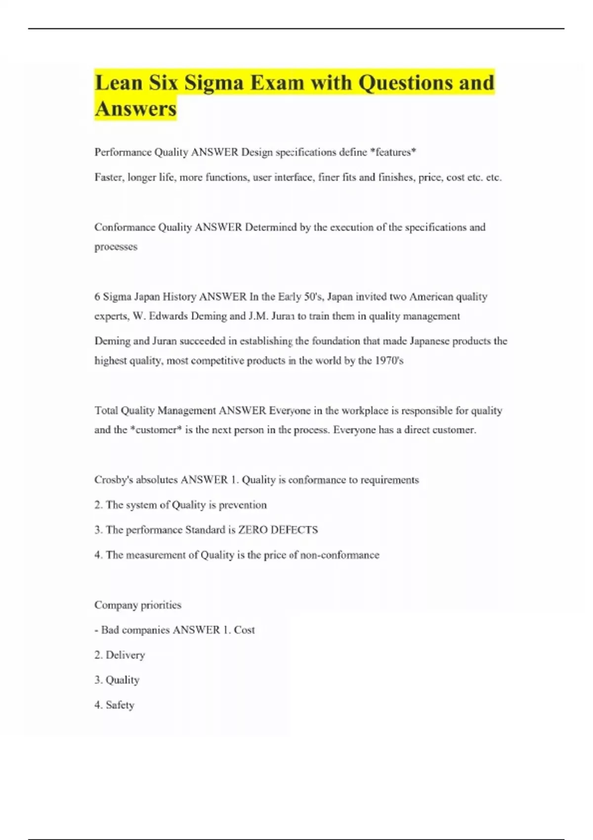Lean Six Sigma Exam with Questions and Answers - Lean Six Sigma Black ...