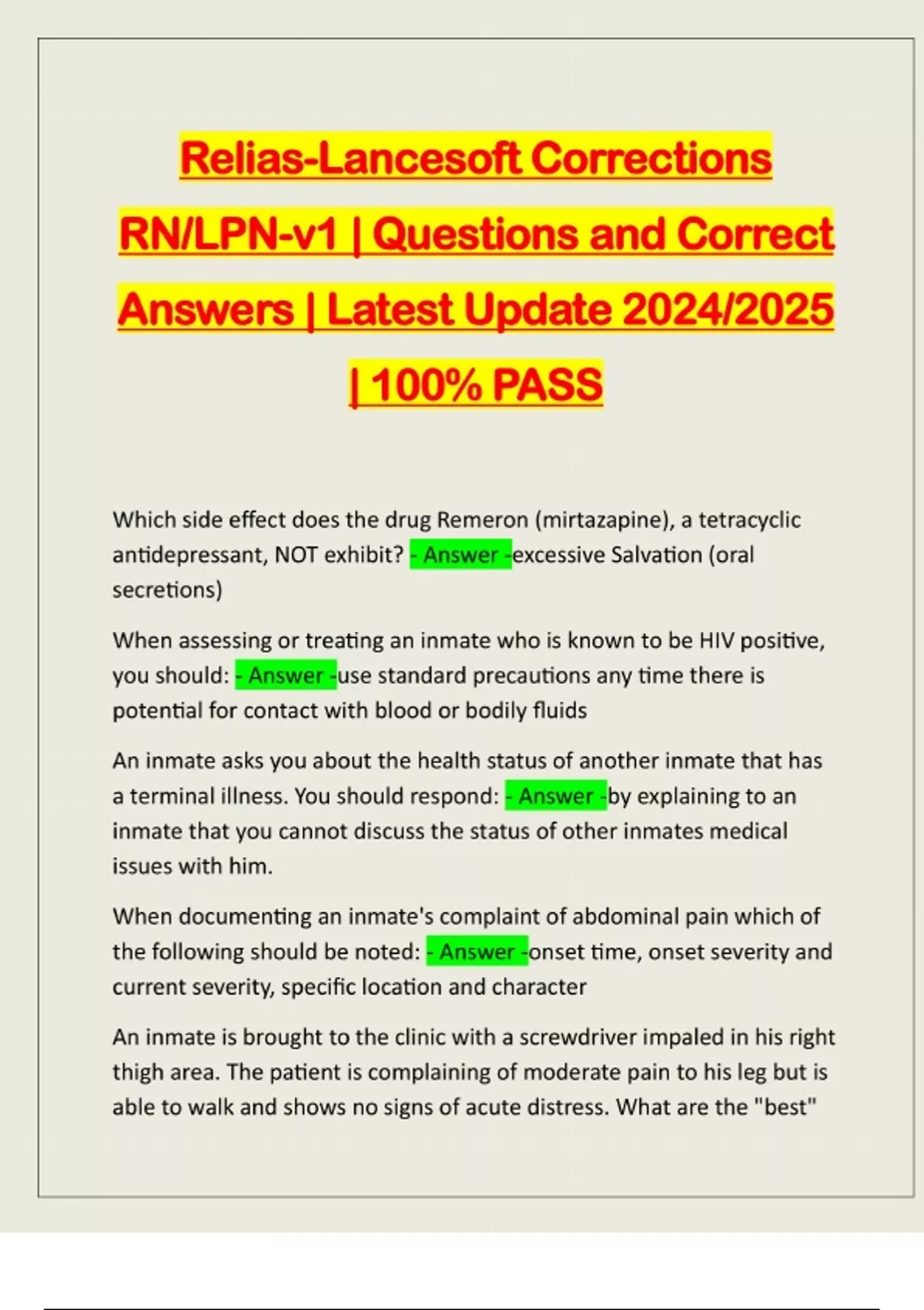 Relias-Lancesoft Corrections RN/LPN-v1 | Questions and Correct Answers ...