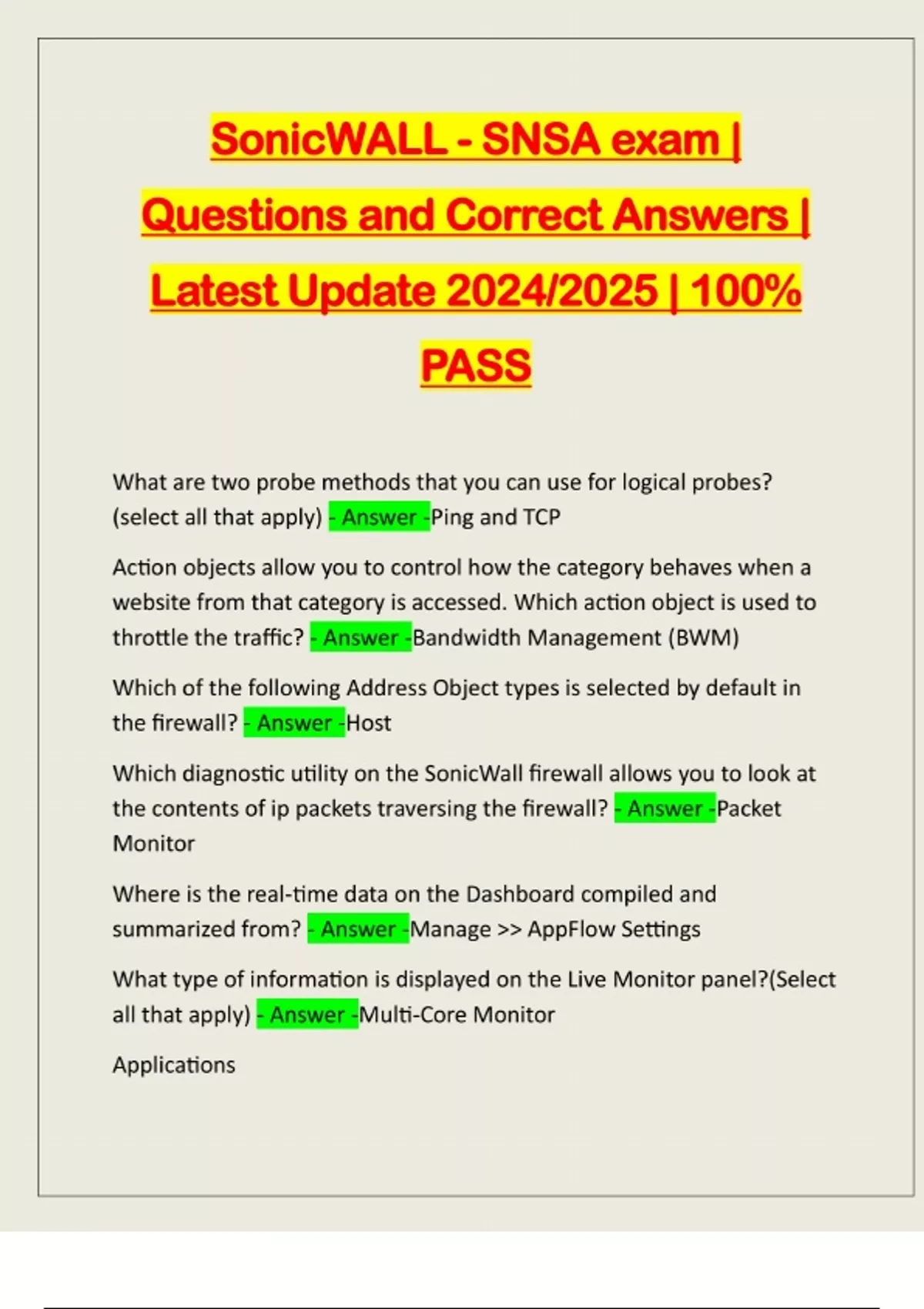 SonicWALL - SNSA exam | Questions and Correct Answers | Latest Update ...