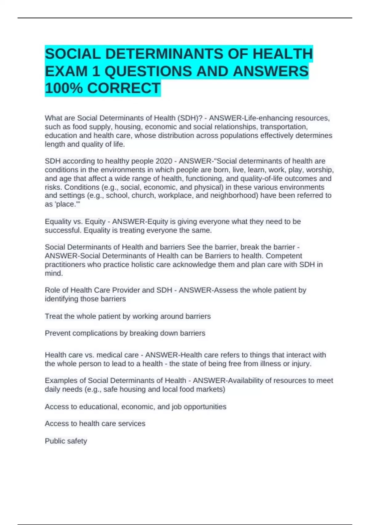 SOCIAL DETERMINANTS OF HEALTH EXAM 1 QUESTIONS AND ANSWERS 100% CORRECT ...