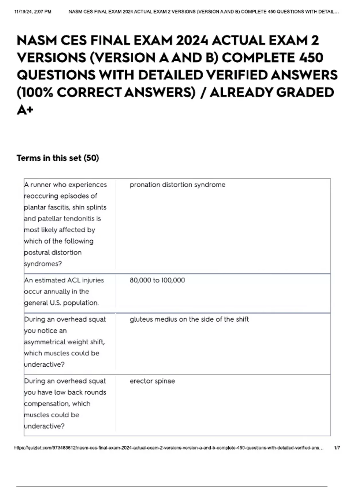 NASM CES FINAL EXAM 2024 ACTUAL EXAM 2 VERSIONS (VERSION A AND B) COMPLETE 450 QUESTIONS WITH ...