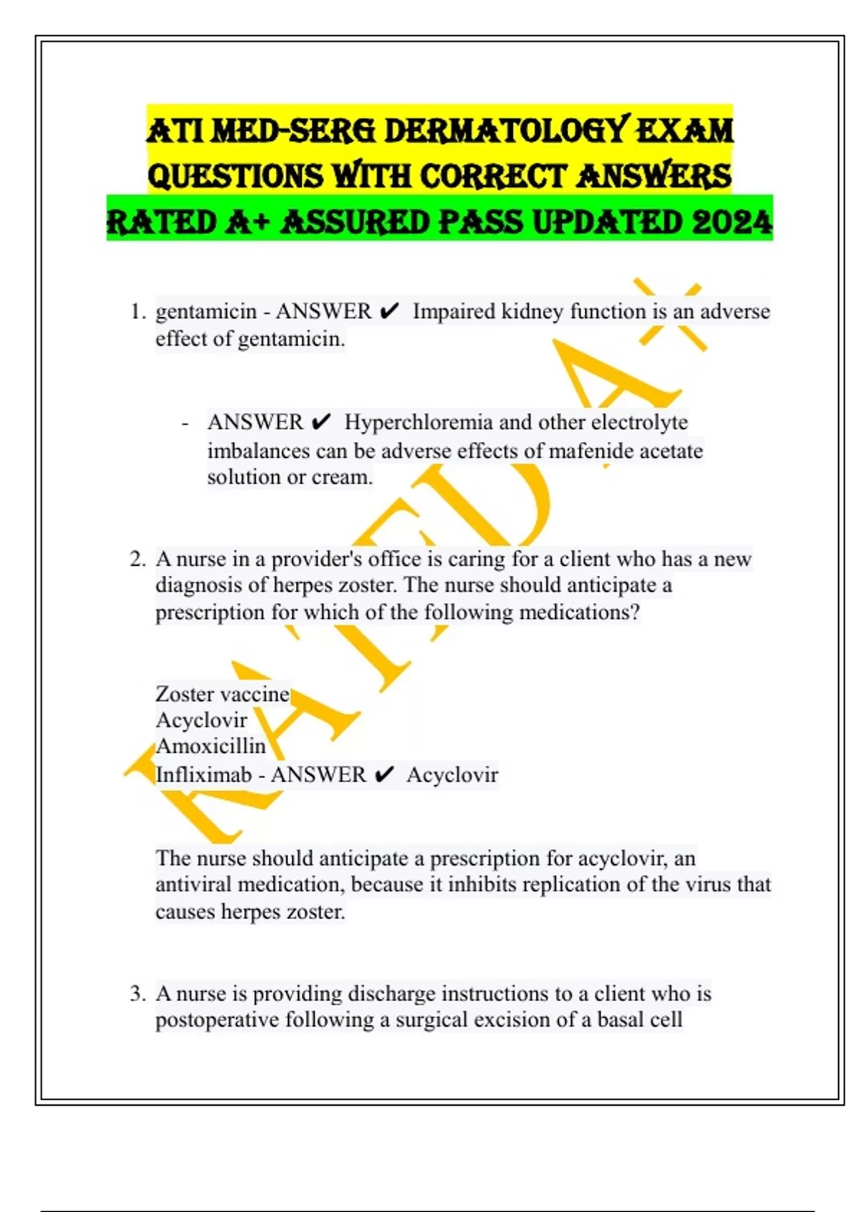 ATI Med-Serg Dermatology Exam Questions with Correct Answers RATED A+ ...