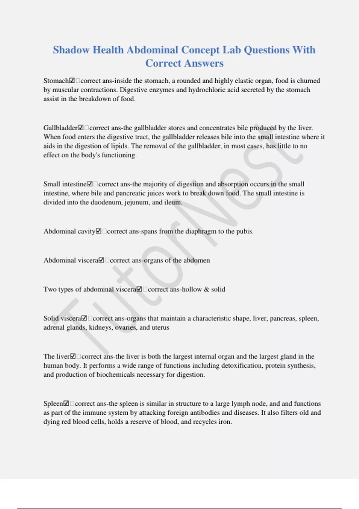 Shadow Health Abdominal Concept Lab Questions With Correct Answers - Shadow Health - Stuvia US
