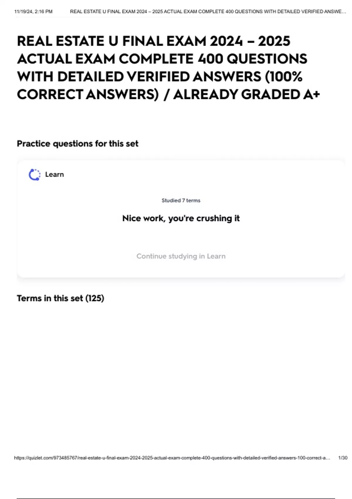 REAL ESTATE U FINAL EXAM 2024 – 2025 ACTUAL EXAM COMPLETE 400 QUESTIONS WITH DETAILED VERIFIED ...