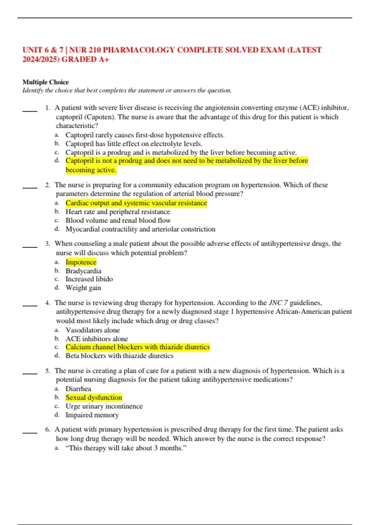 UNIT 6 & 7 | NUR 210 PHARMACOLOGY COMPLETE SOLVED EXAM (LATEST 2024/ ...