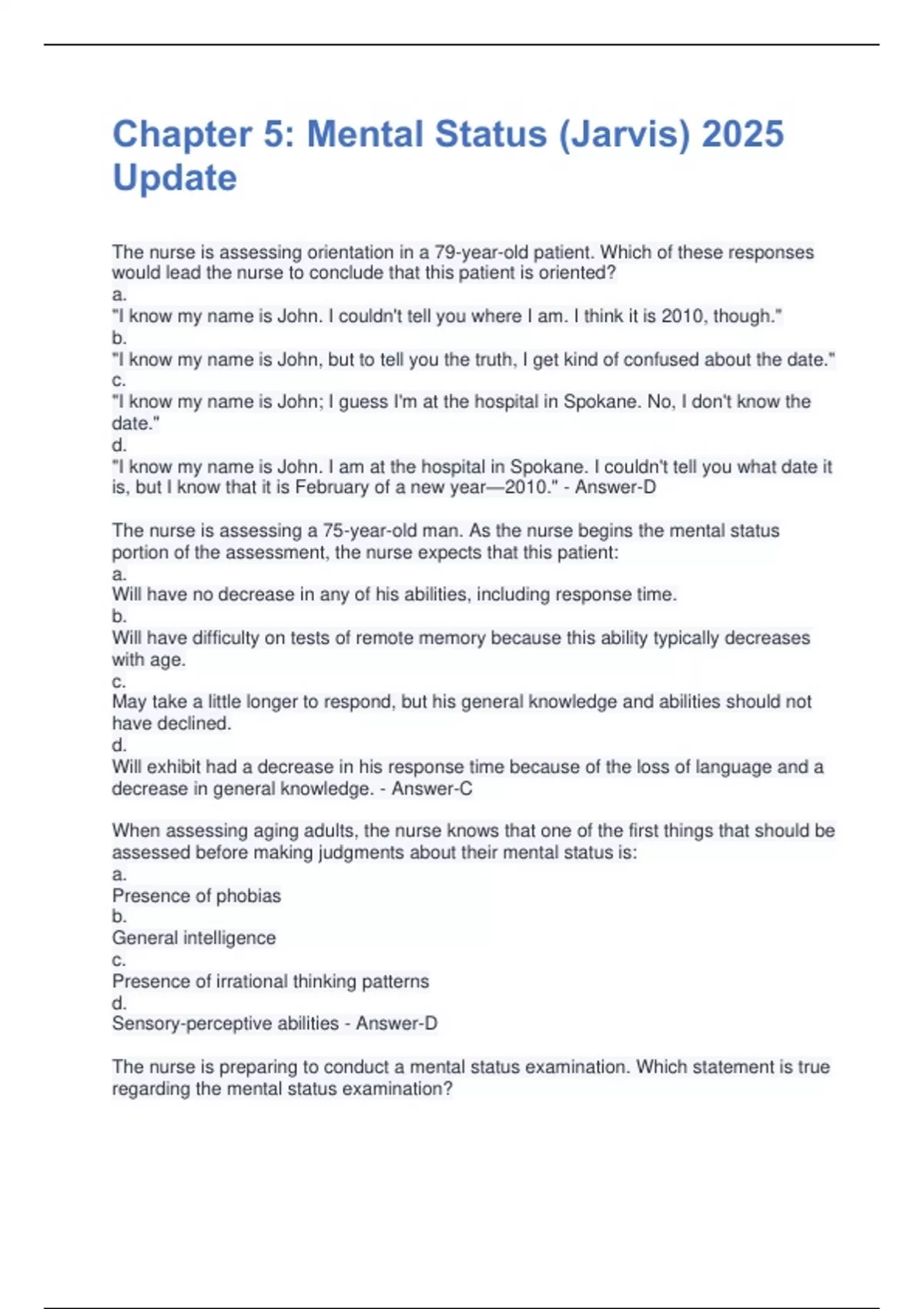 Chapter 5: Mental Status (Jarvis) 2025 Update Questions with Answers (All Answers Correct ...