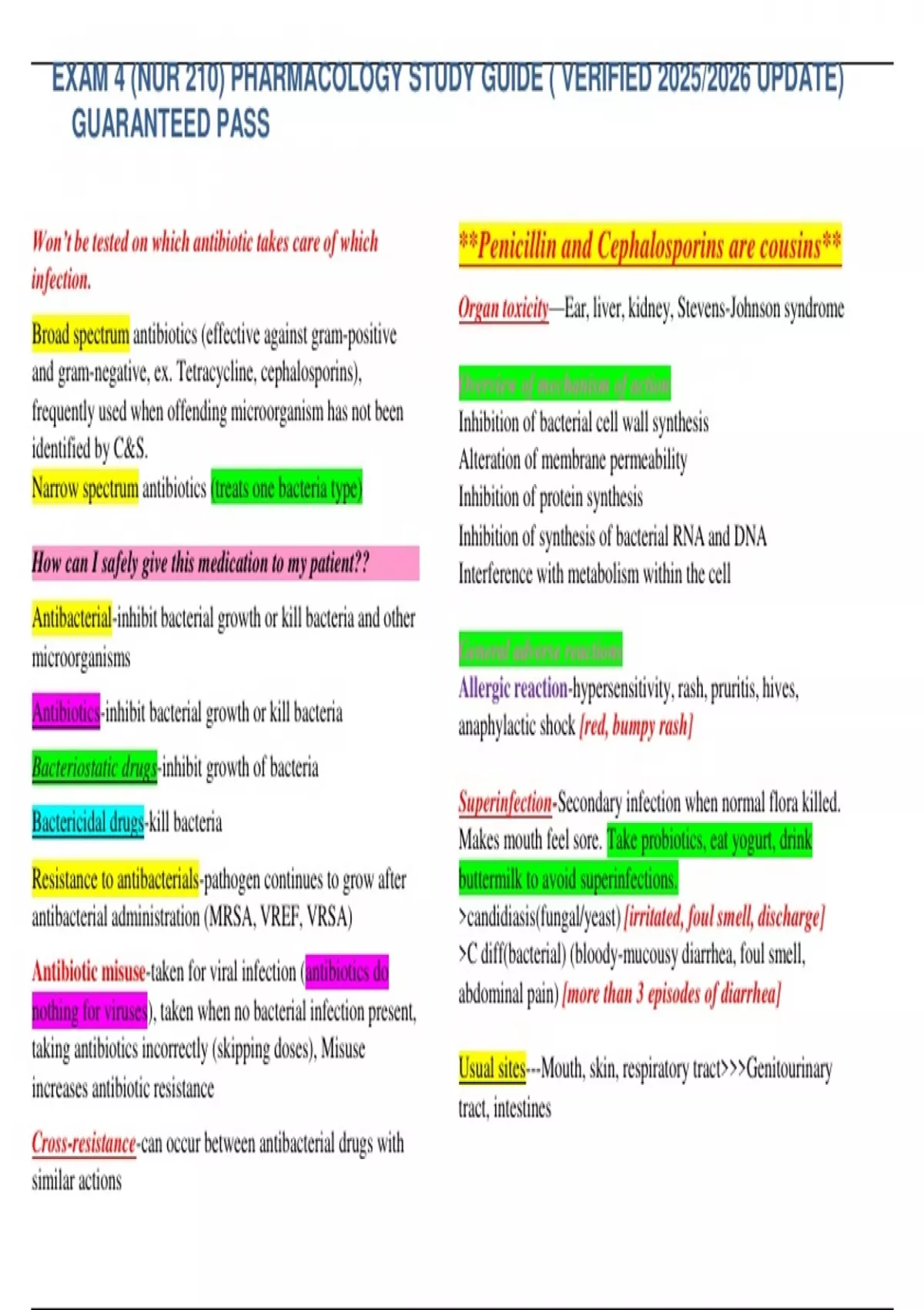 EXAM 4 (NUR 210) PHARMACOLOGY STUDY GUIDE ( VERIFIED 2025/2026 UPDATE ...