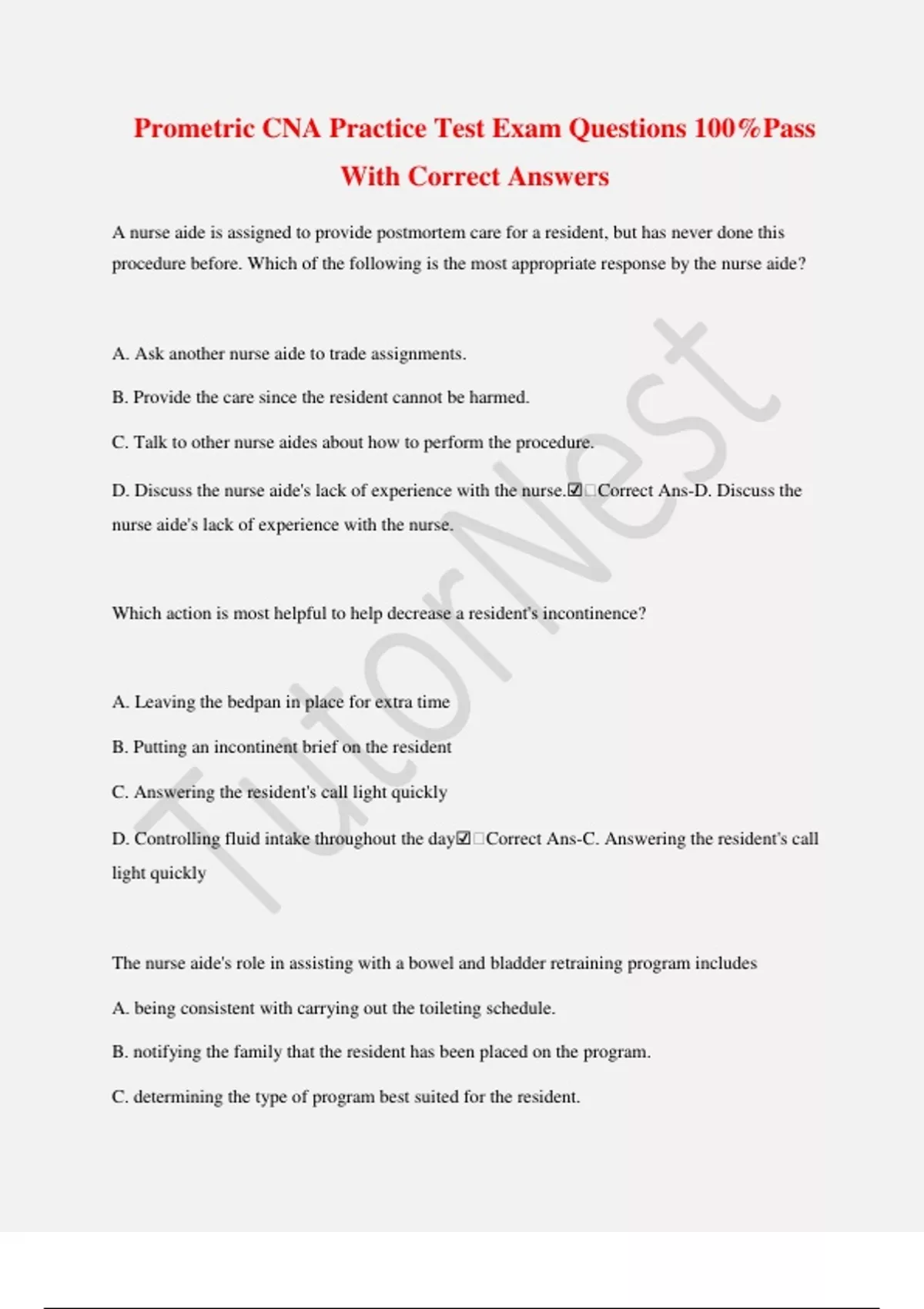 Prometric CNA Practice Test Exam Questions 100%Pass With Correct ...