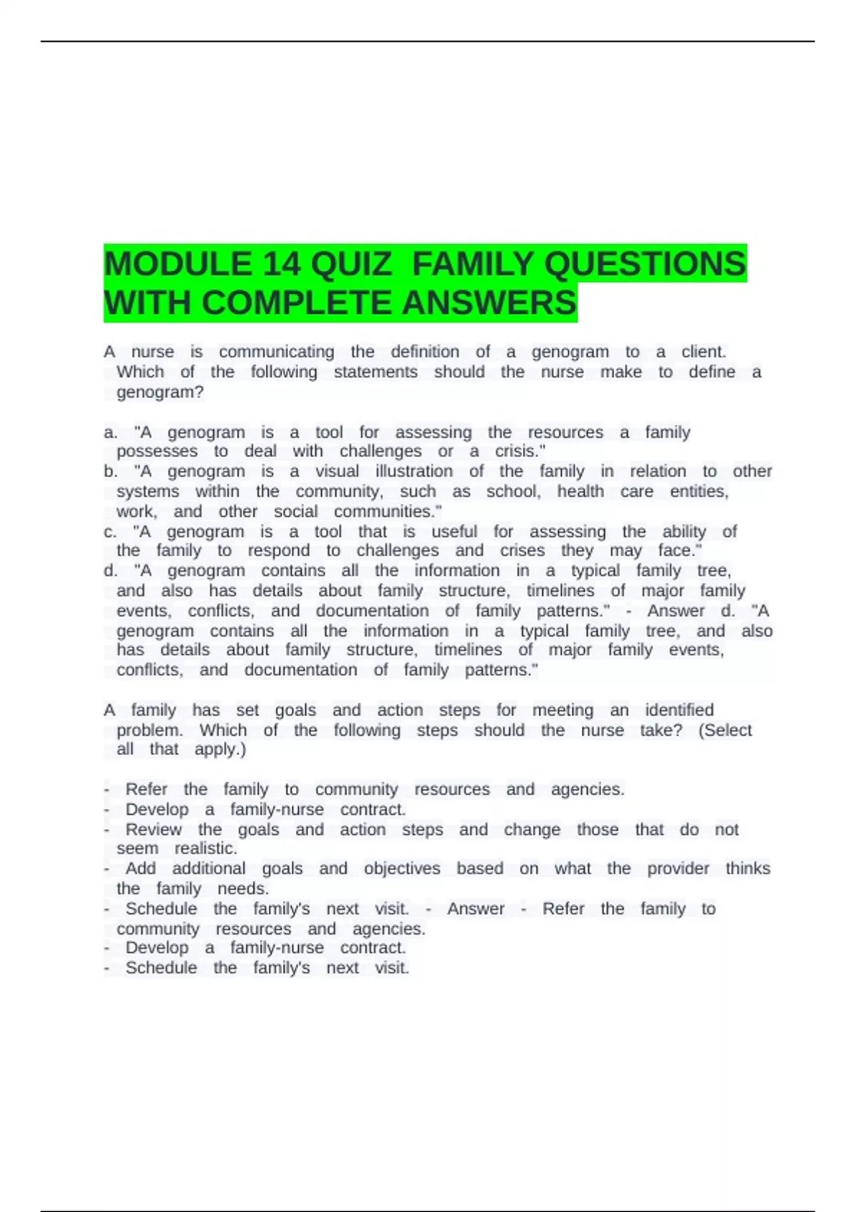 MODULE 14 QUIZ FAMILY QUESTIONS WITH COMPLETE ANSWERS - NURS 275 ...