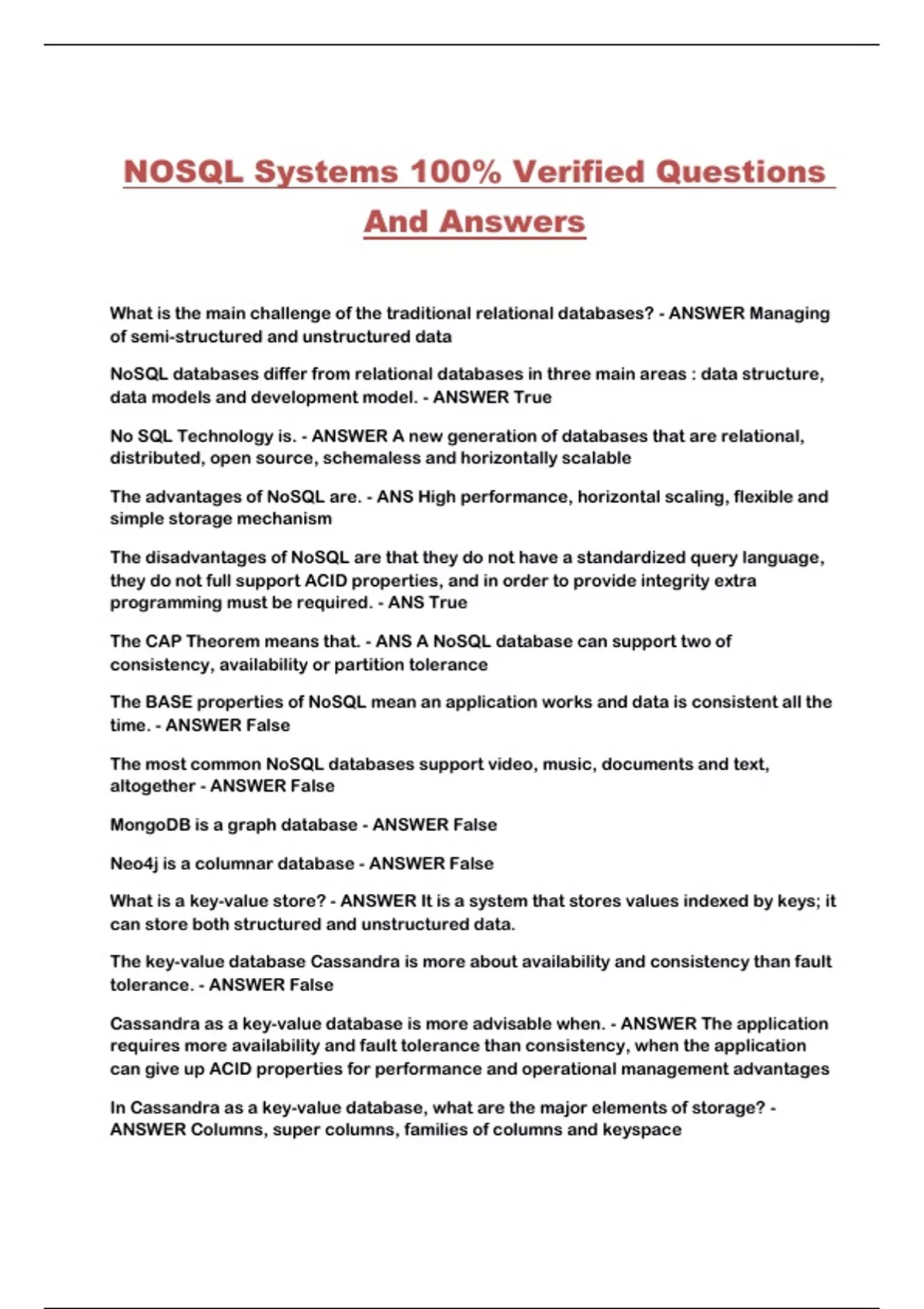 NOSQL Systems 100% Verified Questions And Answers - NOSQL Systems - Stuvia US