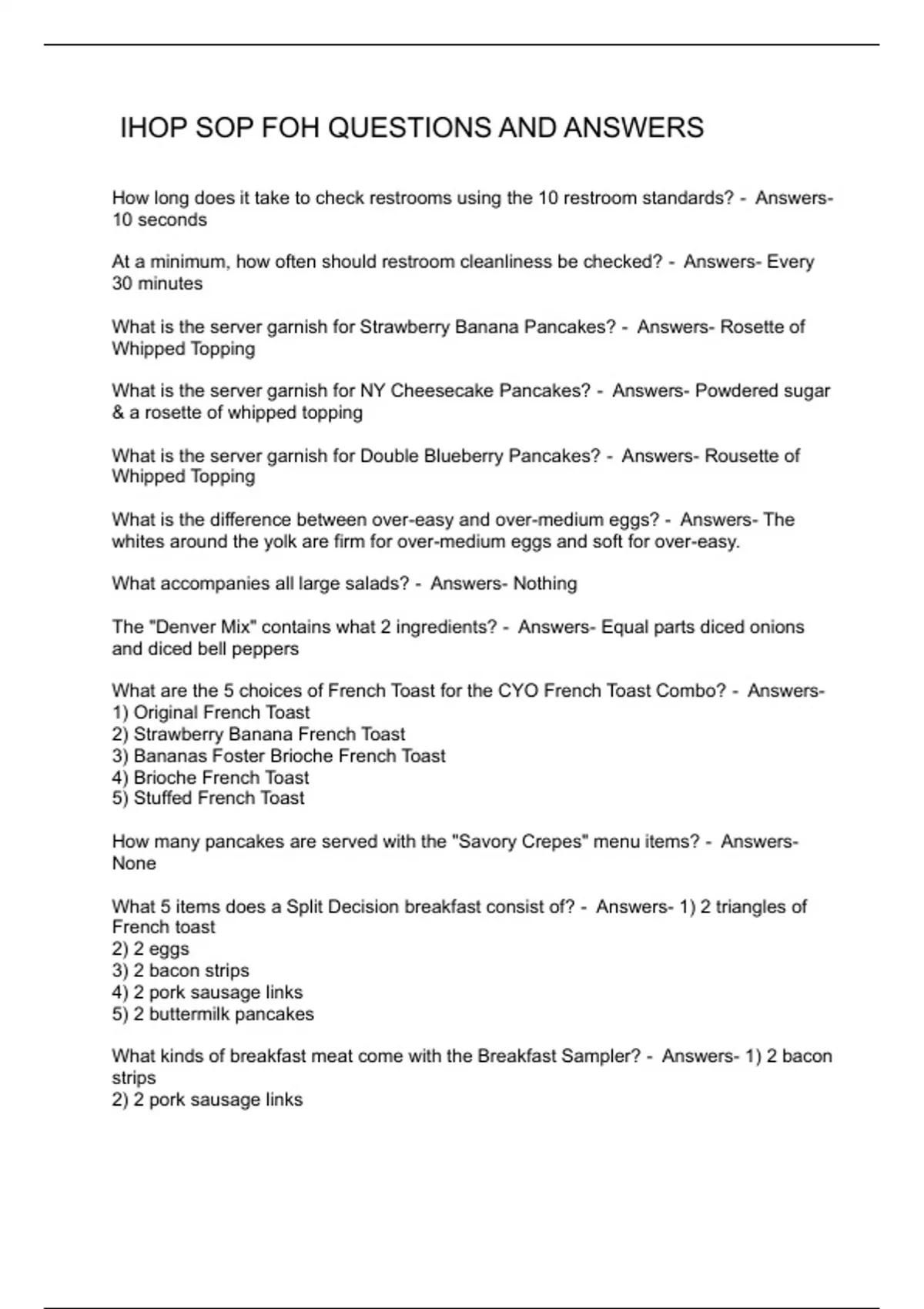 IHOP SOP FOH QUESTIONS AND ANSWERS - IHOP BOH SOP - Stuvia US