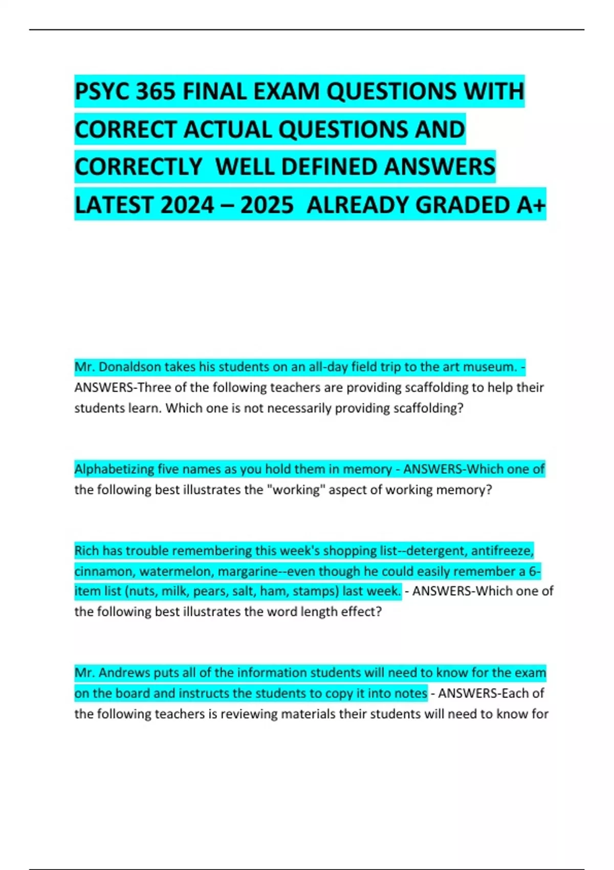 PSYC 365 FINAL EXAM QUESTIONS WITH CORRECT ACTUAL QUESTIONS AND ...