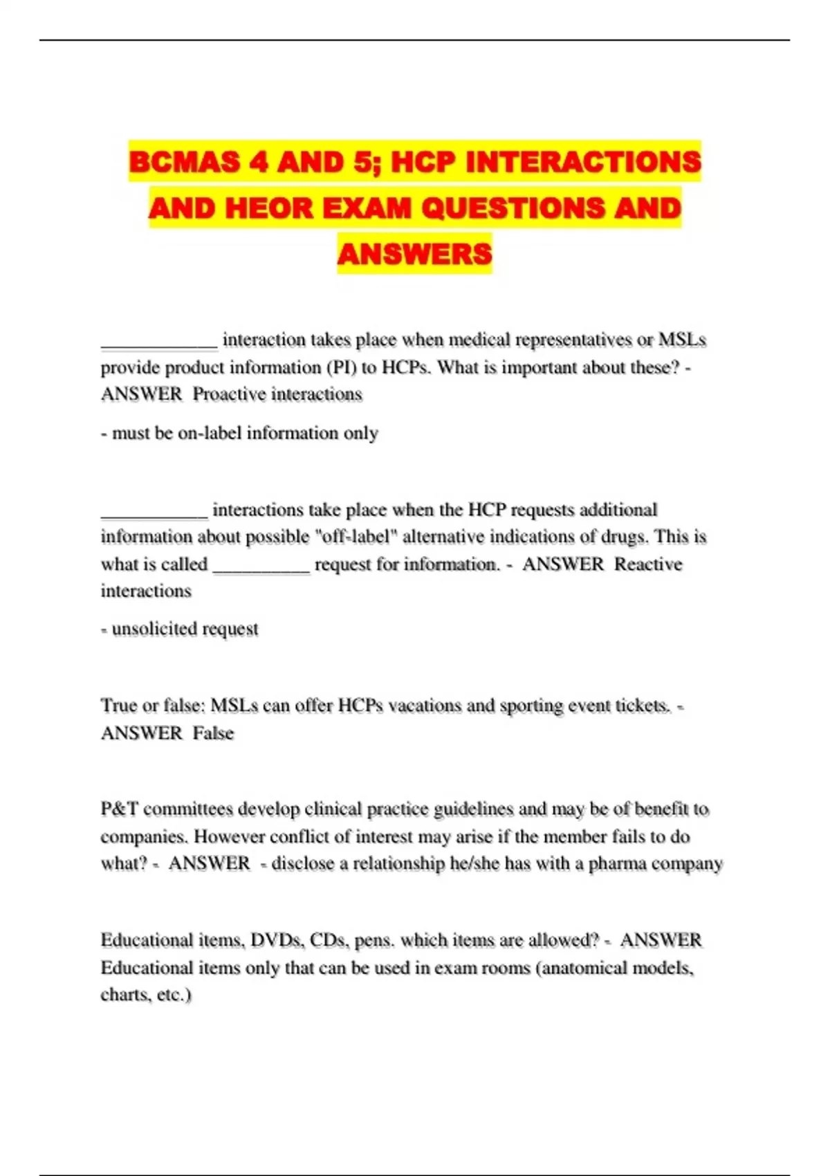 BCMAS 4 AND 5; HCP INTERACTIONS AND HEOR EXAM QUESTIONS AND ANSWERS ...