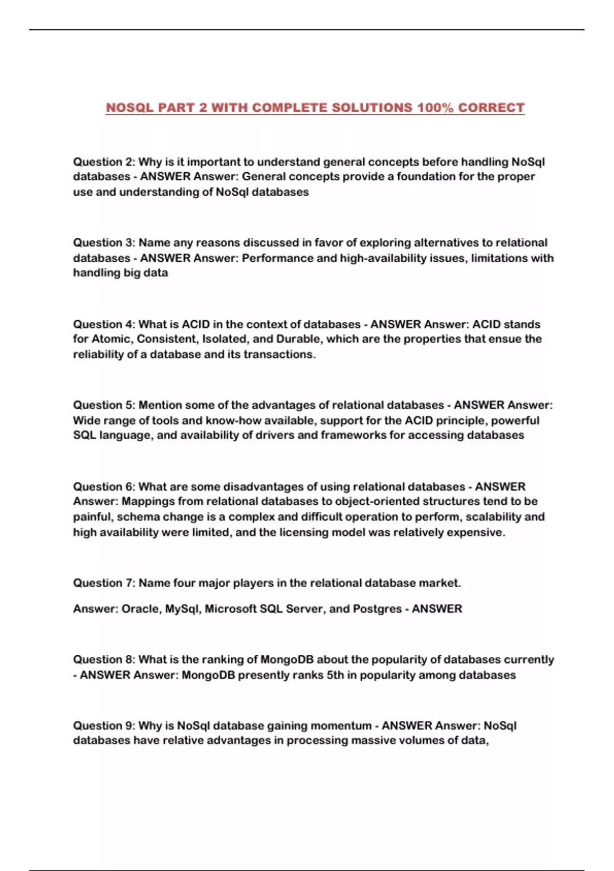 NOSQL PART 2 WITH COMPLETE SOLUTIONS 100% CORRECT - NOSQL PART 2 - Stuvia US