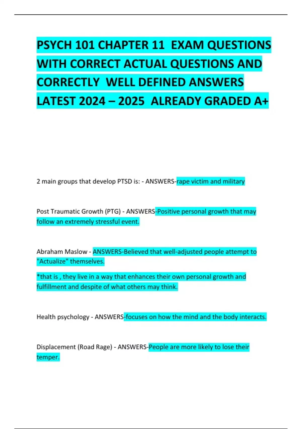 PSYCH 101 CHAPTER 11 EXAM QUESTIONS WITH CORRECT ACTUAL QUESTIONS AND ...