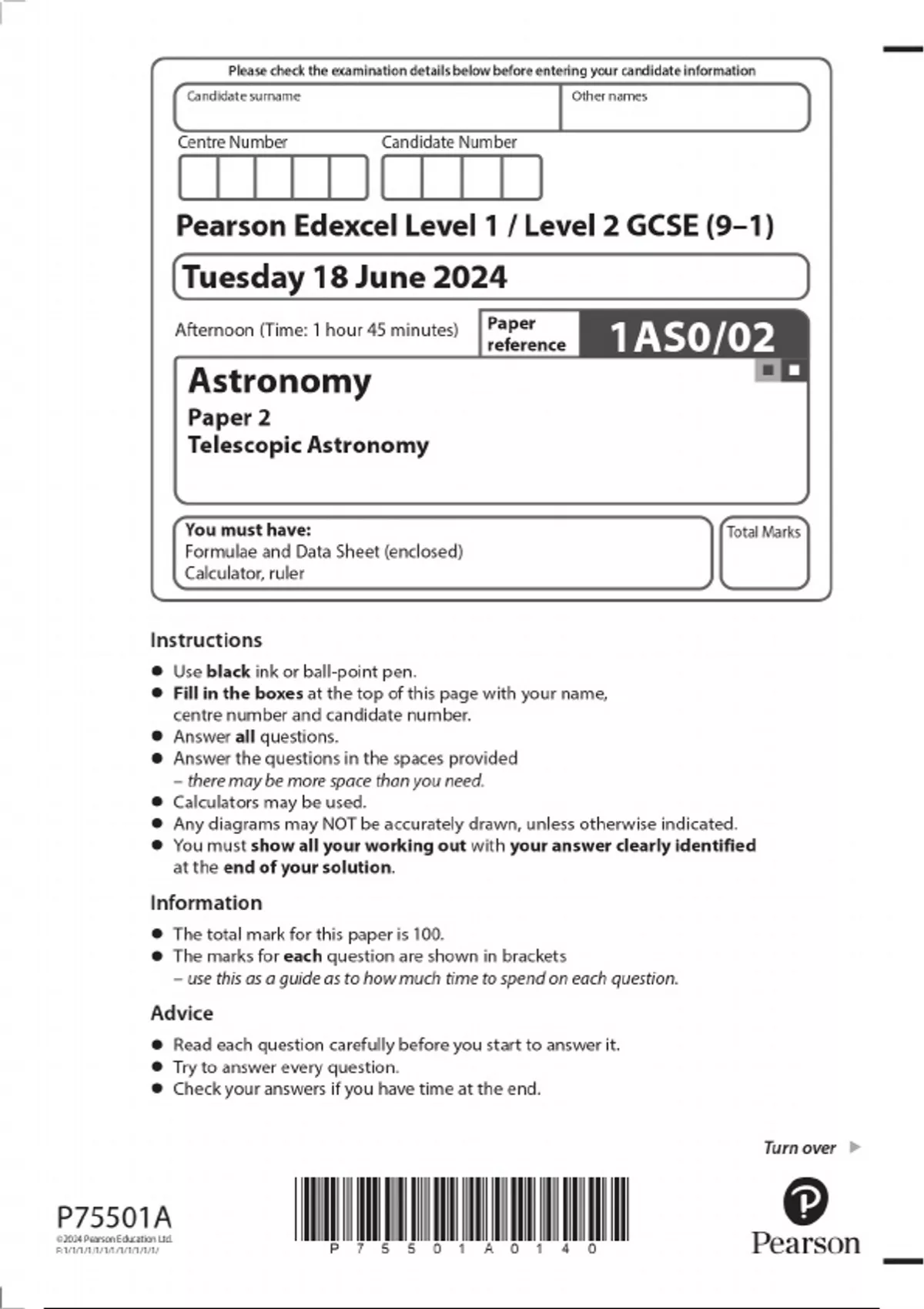 2024 GCSE Pearson Edexcel Level 1/Level 2 GCSE (9–1) Astronomy Paper 2 ...