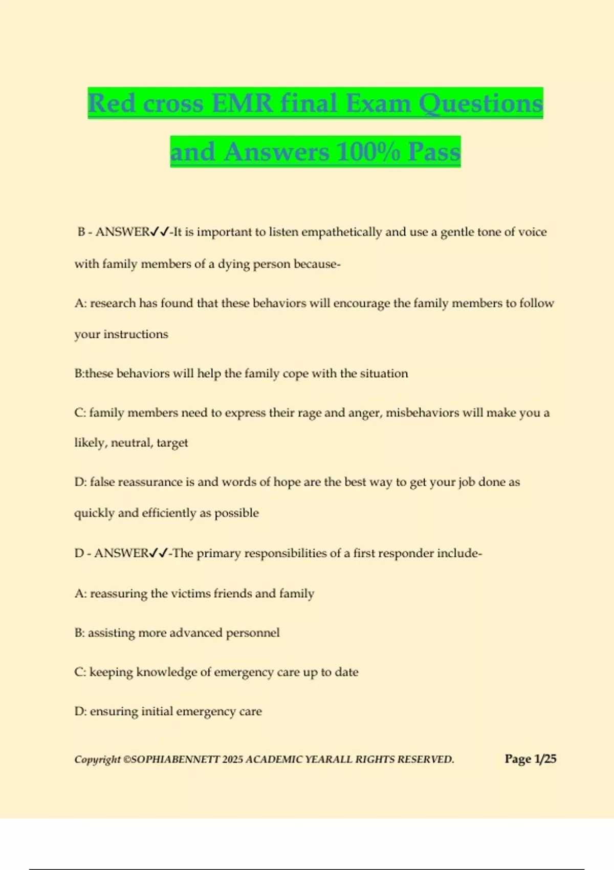 Red cross EMR final Exam Questions and Answers 100% Pass - Prep Tests ...