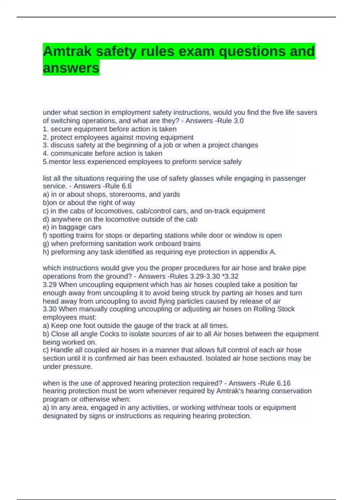 Amtrak safety rules exam questions and answers - Amtrak - Stuvia US