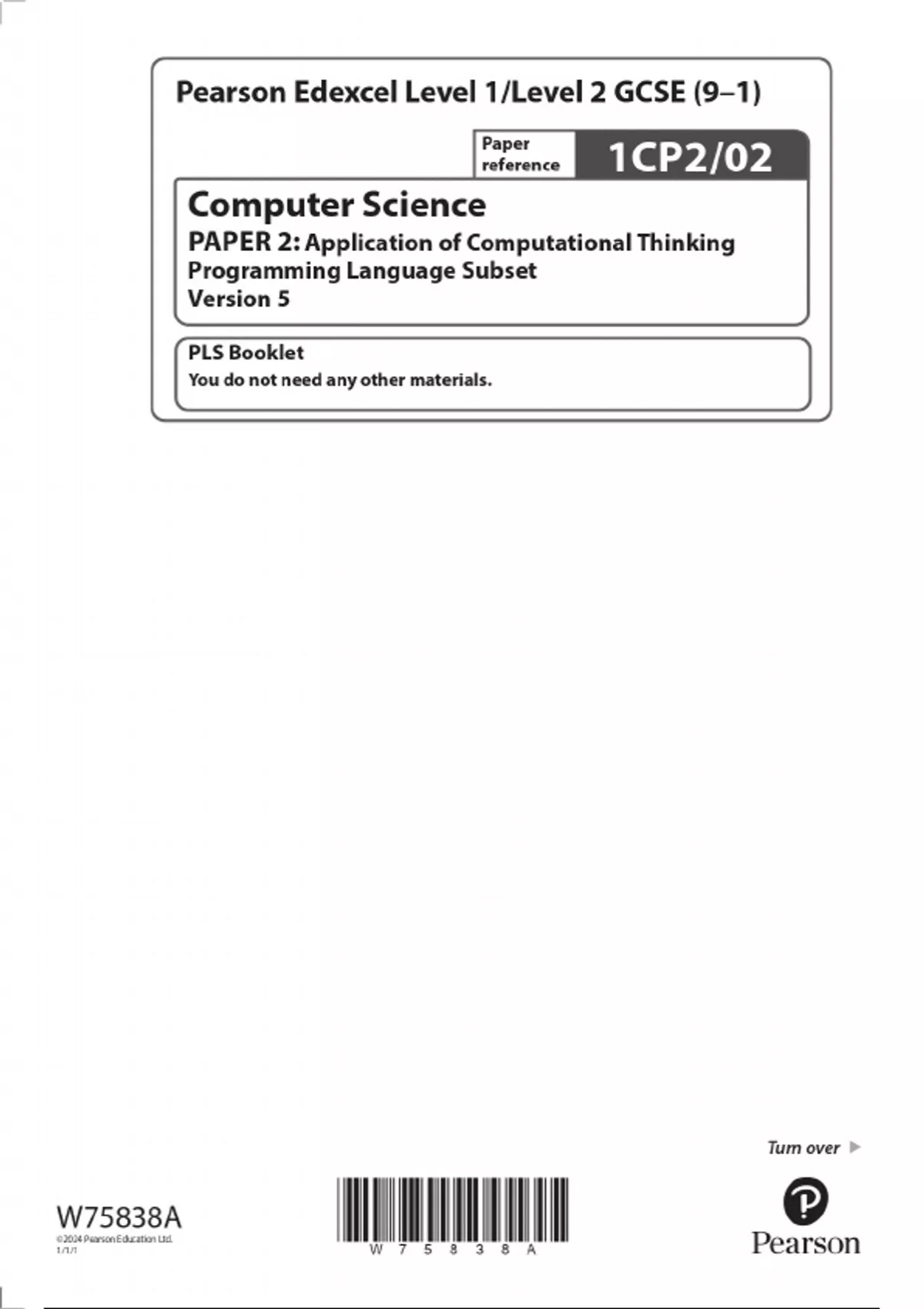 2024 GCSE Pearson Edexcel Level 1/Level 2 GCSE (9–1) Computer Science PAPER 2: Application of ...