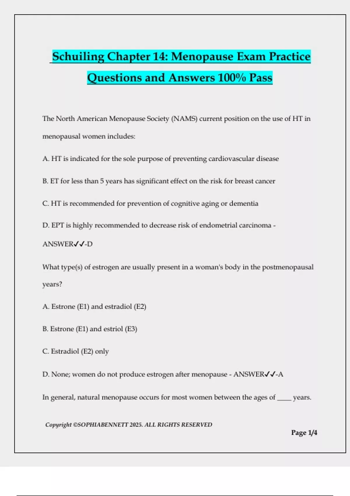Schuiling Chapter 14: Menopause Exam Practice Questions and Answers 100 ...
