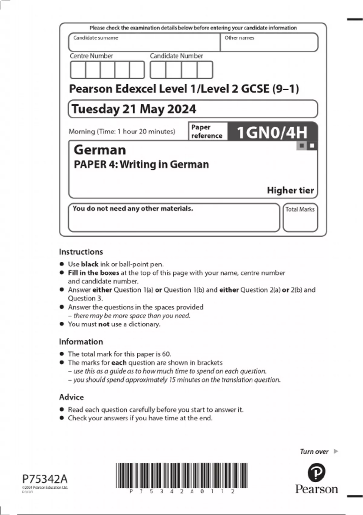 2024 GCSE Pearson Edexcel Level 1/Level 2 GCSE (9–1) German PAPER 4 ...